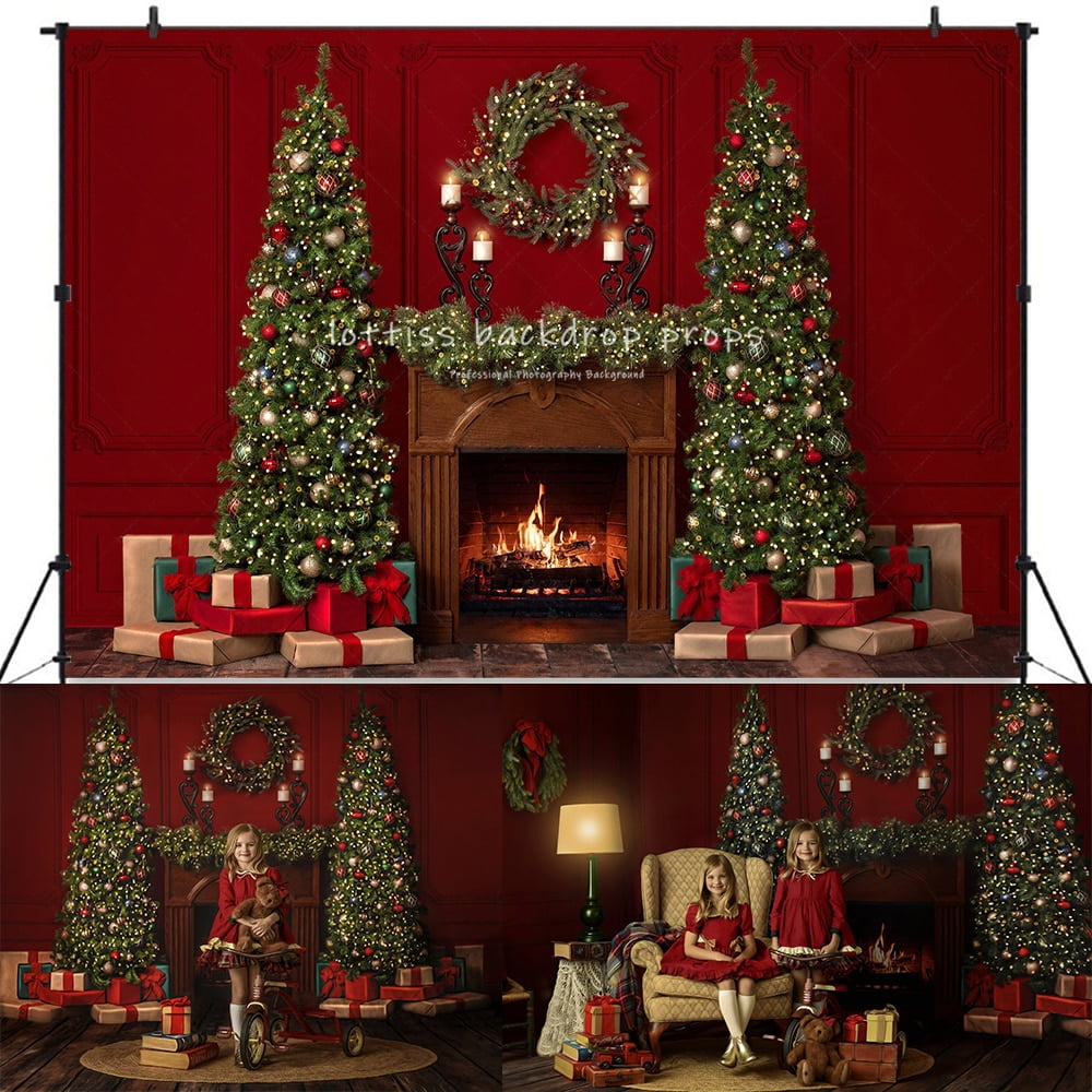 Classy Red Christmas Backdrops Xmas Fireplace Background Kids Photocall ...