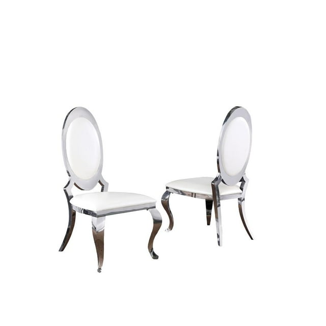 Classy Round Back White Faux Leather Side Chairs with Silver Legs (Set ...