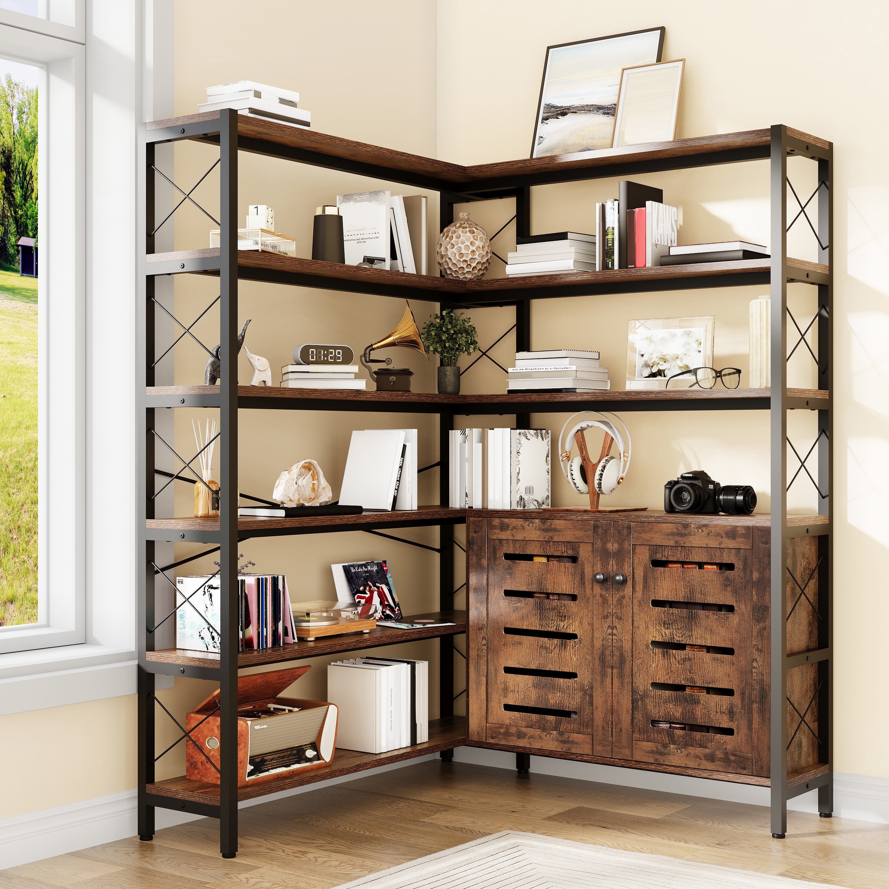 Claubio-6 Tiers L Shaped Bookcase Storage Organizer, Tall Storage ...