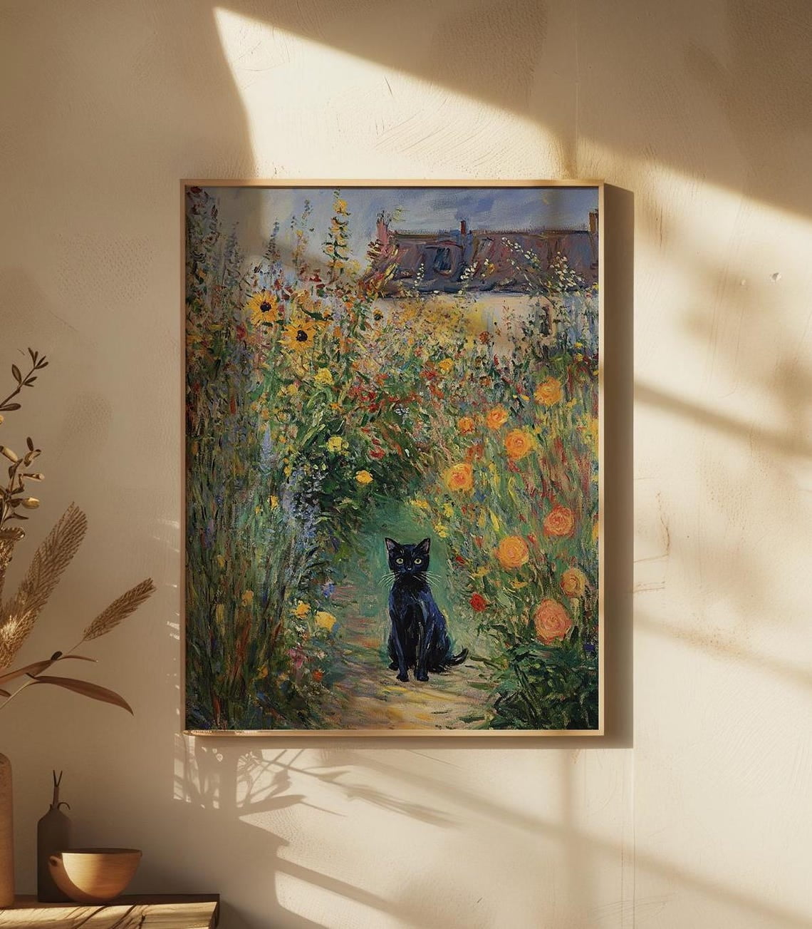 Claude Monet Flower Cottage Cat Art Print, Monet Inspired Black Cat ...