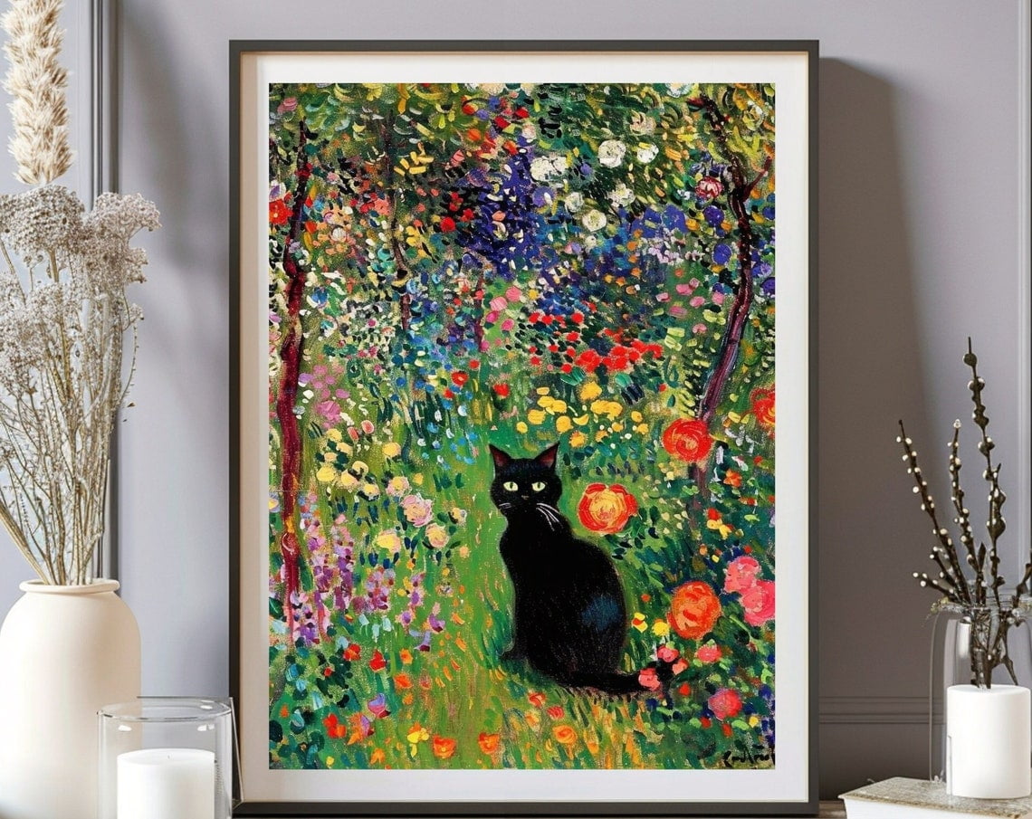 Claude Monet Garden Cat Print, Claude Monet Cat Poster, Black Cat Art ...