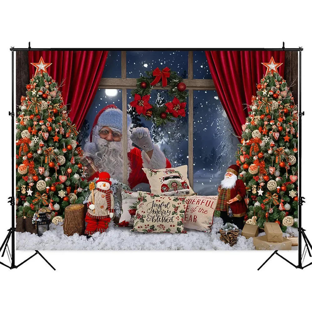 Claus Photography Background Winter Xmas Trees Window Birthday Backdrop ...