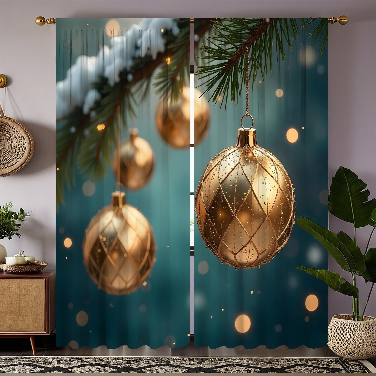 Claus & Tree 2-Panel Curtains - Rod Pocket Design Thermal Insulated ...