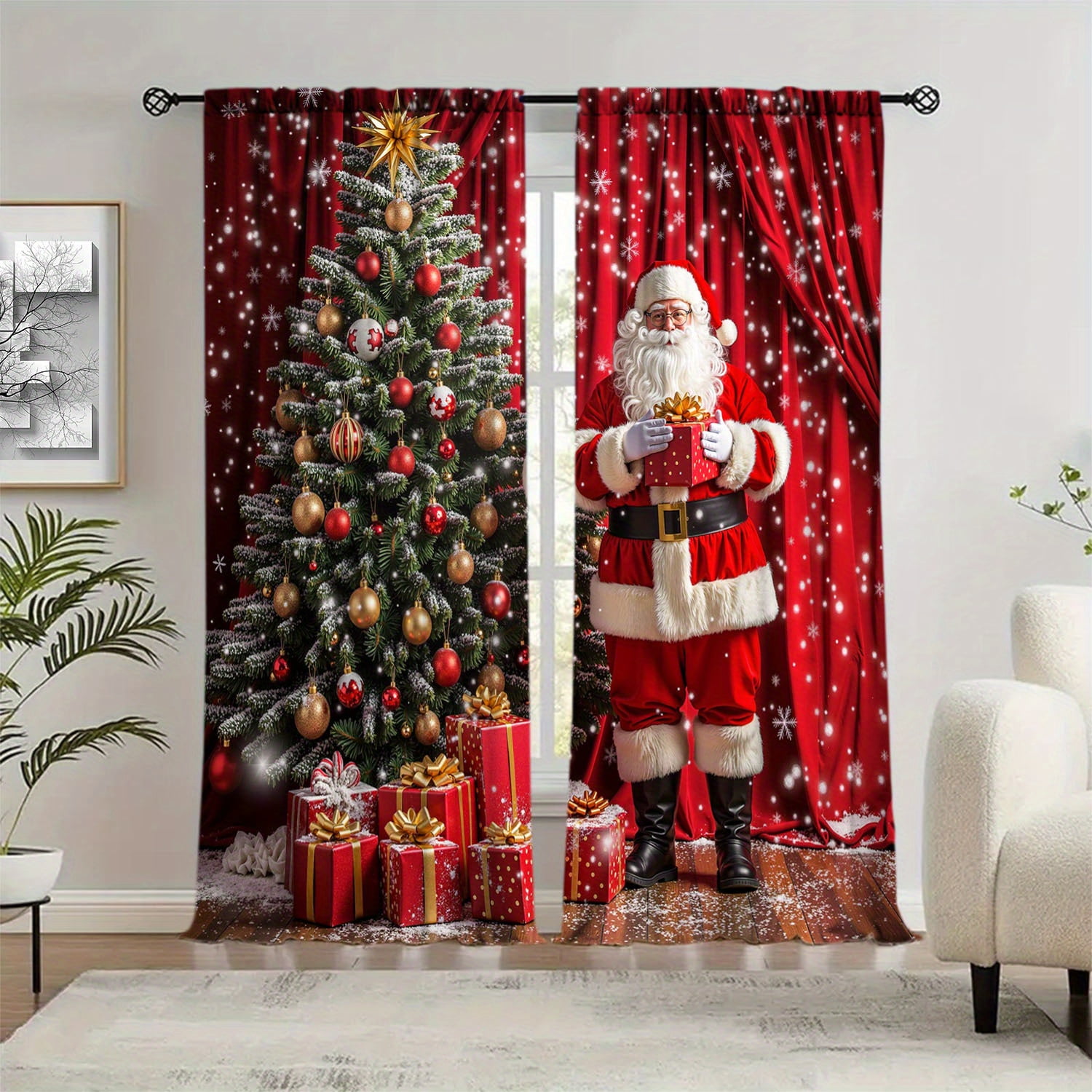 Claus & Tree 2-Panel Curtains - Rod Pocket Design Thermal Insulated ...