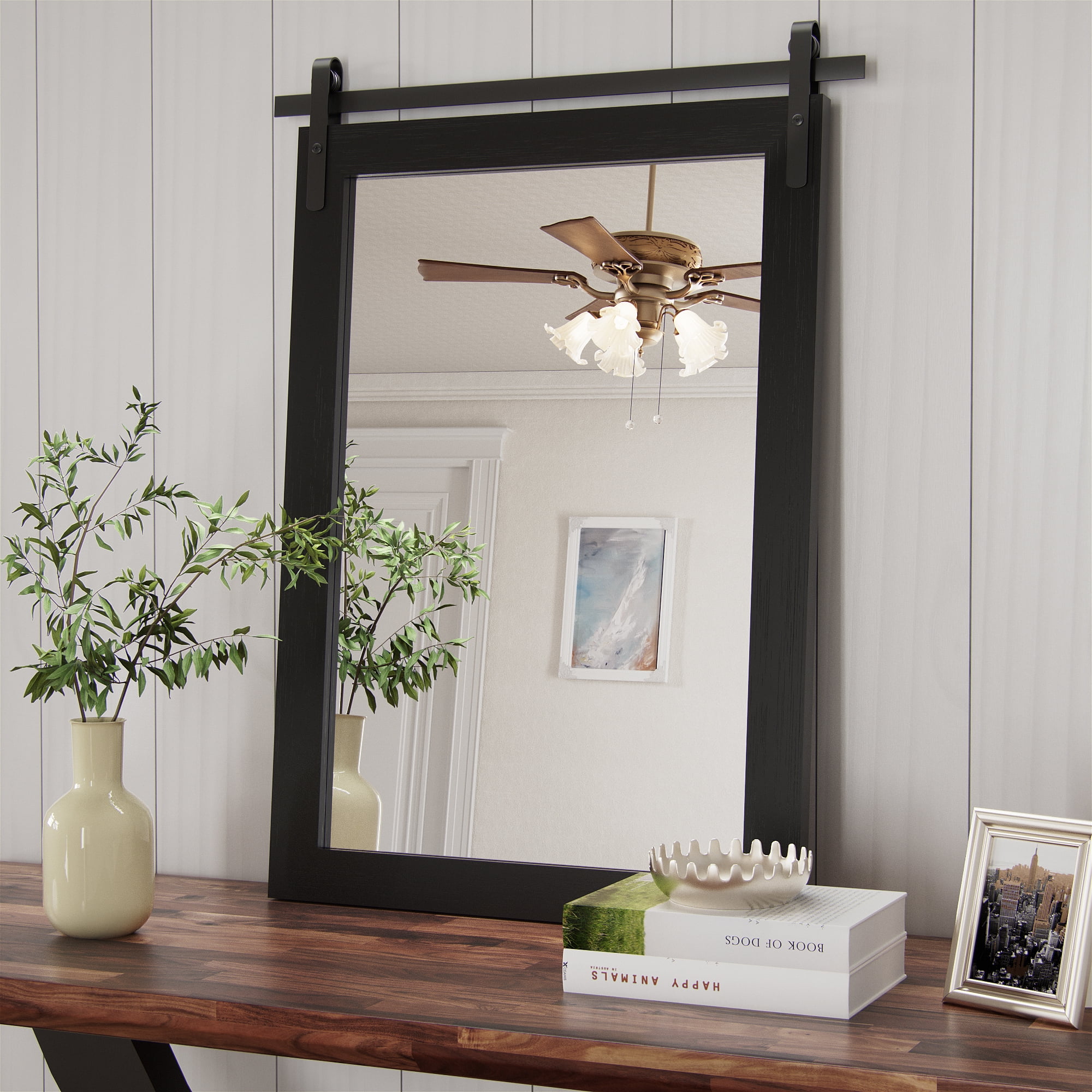 Clavie Farmhouse Style Rectangular Contemporary Bathroom Mirror, Wood ...