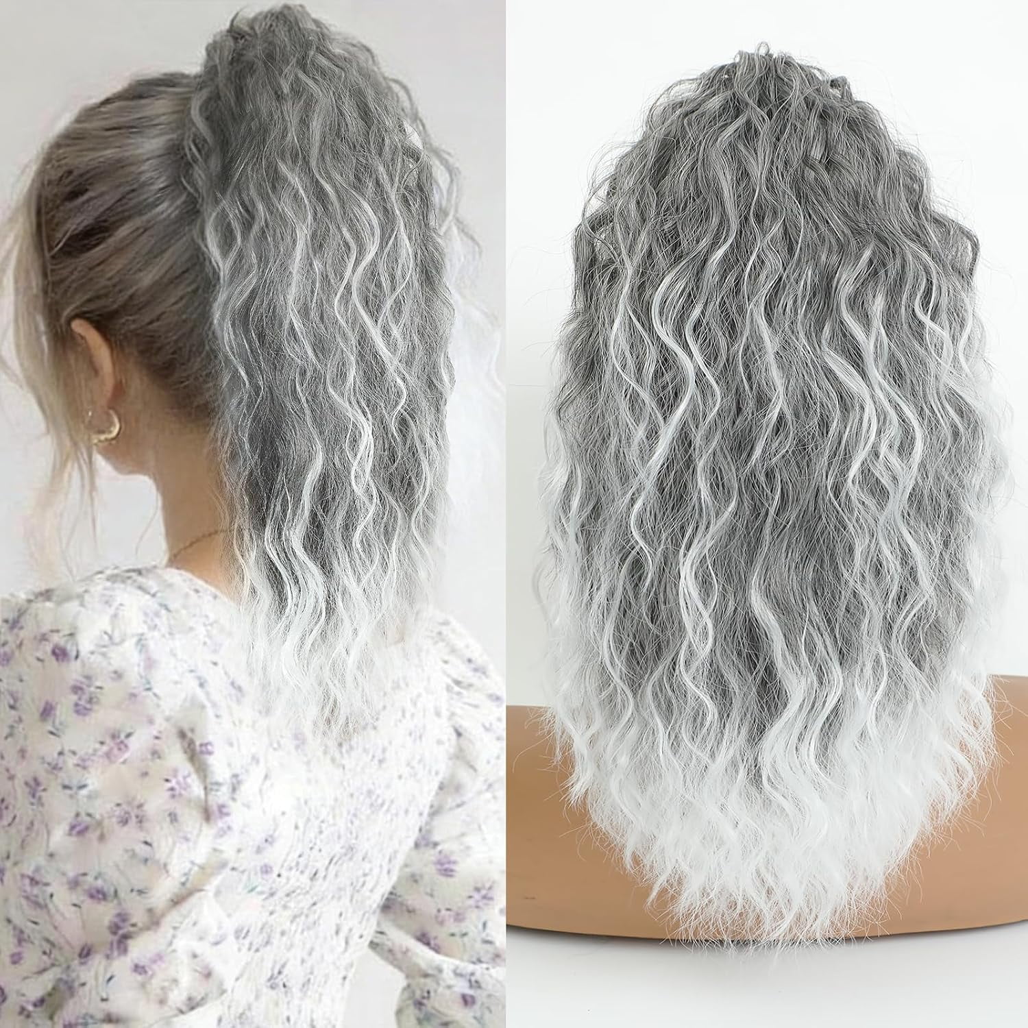 Claw Clip Ponytail Extension 16In Long Wavy Curly Hair,Ombre Grey ...