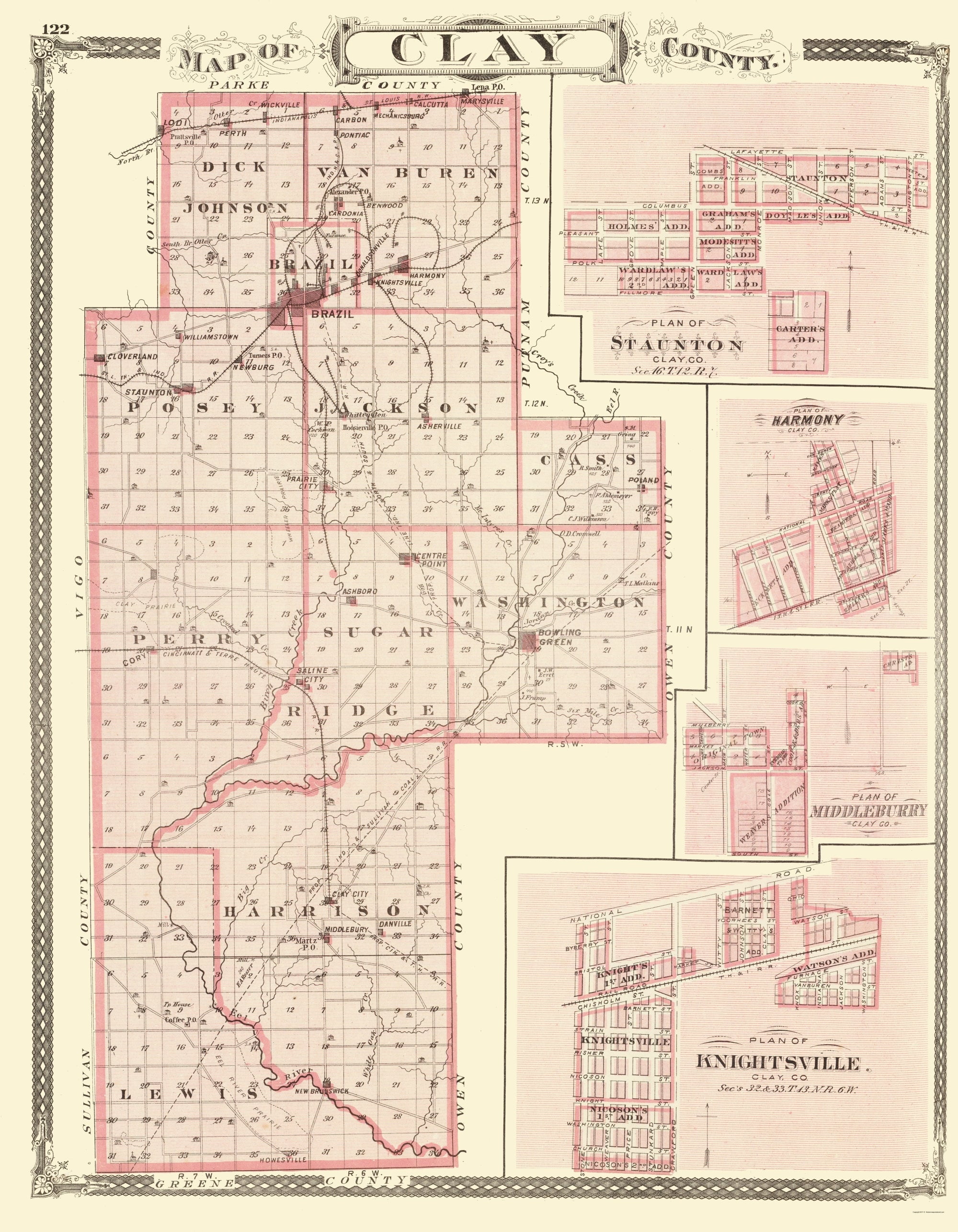 Historic County Map - Clay County Indiana - Baskin 1876 - 23 x 29.58 ...