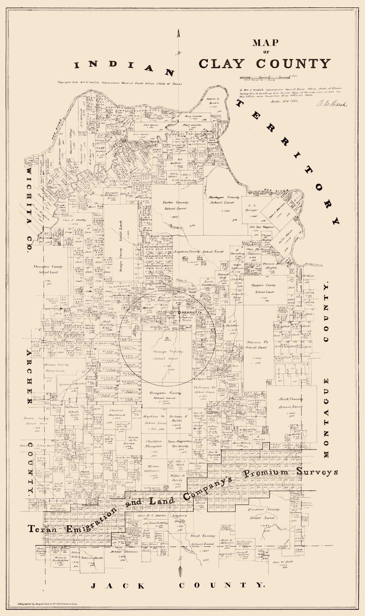 Historic County Map - Clay County Texas - Walsh 1880 - 23 x 38.74 ...