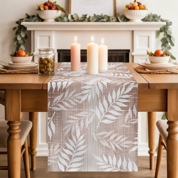 Clay Fronds Table Runner, Terracotta Sand Leaf Plant Canvas Weave ...