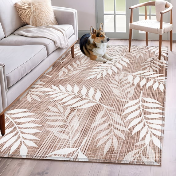 Clay Fronds Washable Area Rug 4x6 Terracotta Sand Leaf Plant Canvas ...