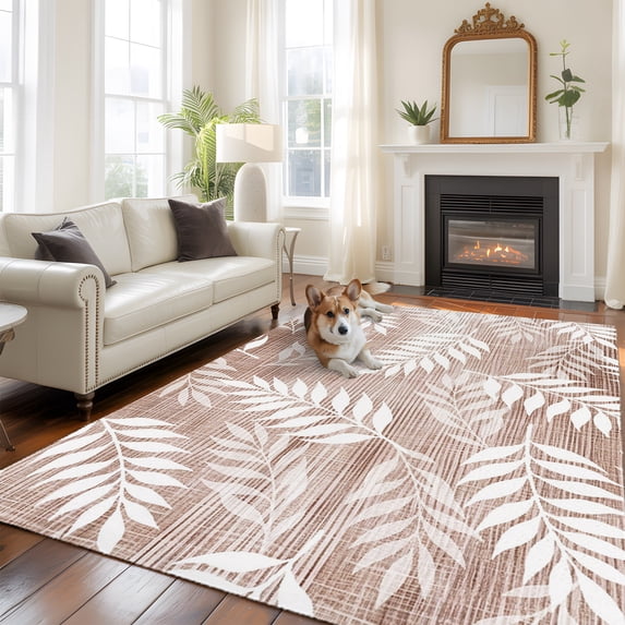 Clay Fronds Washable Area Rug 8x10 Terracotta Sand Leaf Plant Canvas ...