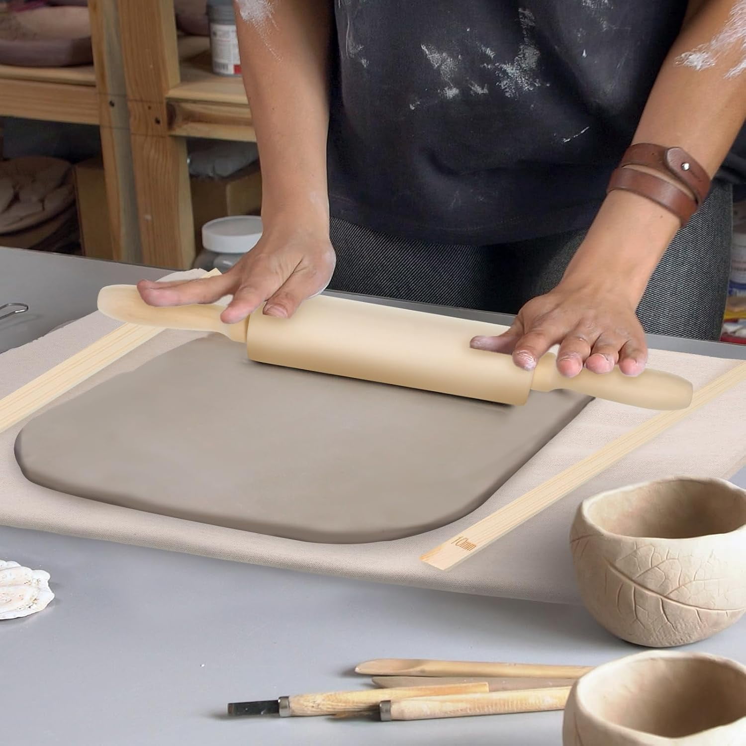Clay Rolling Pin Pottery Toolsset Wood Rolling Pin Linen Tablecloth ...
