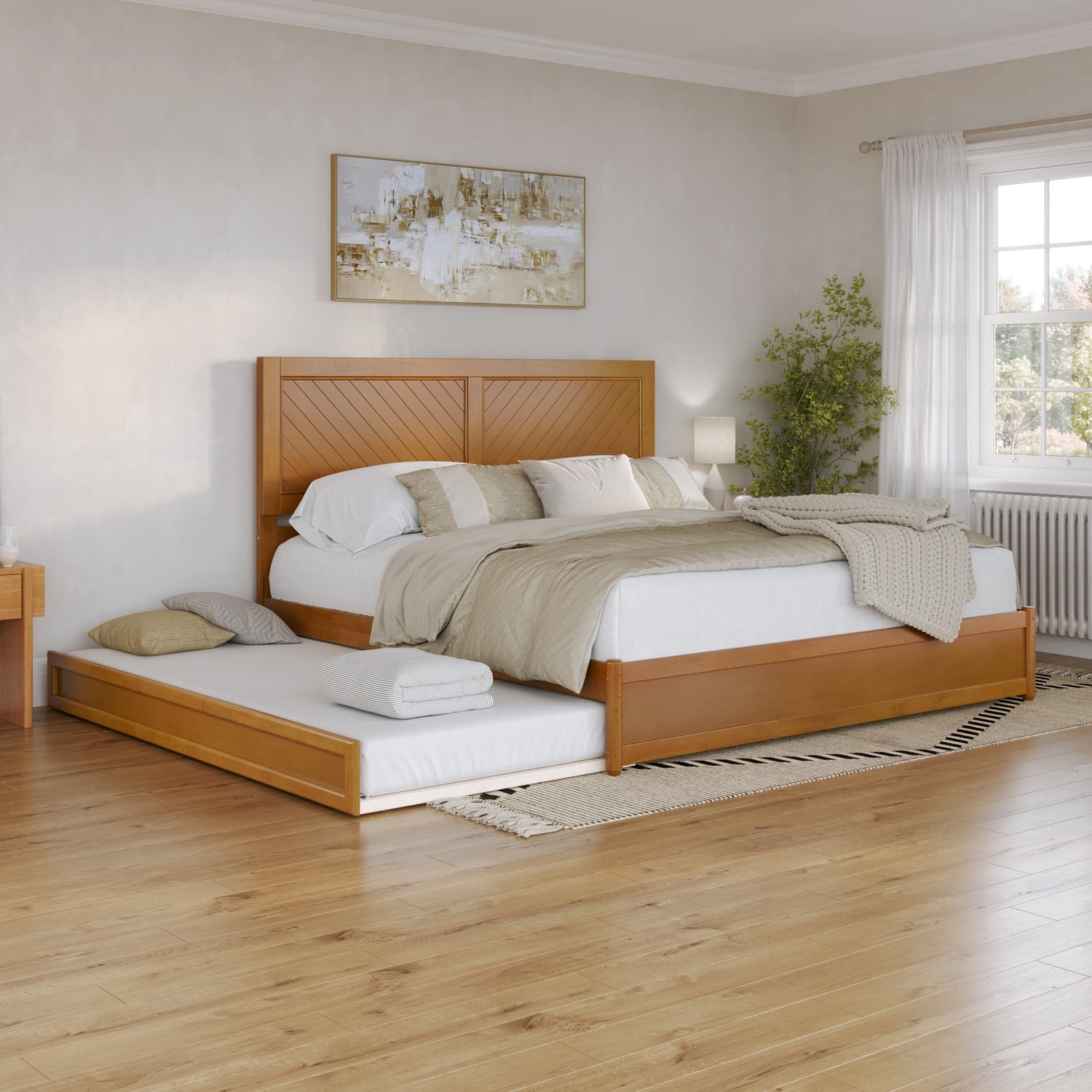 Clayton King Wood Platform Bed with Panel Footboard & Trundle in Light ...