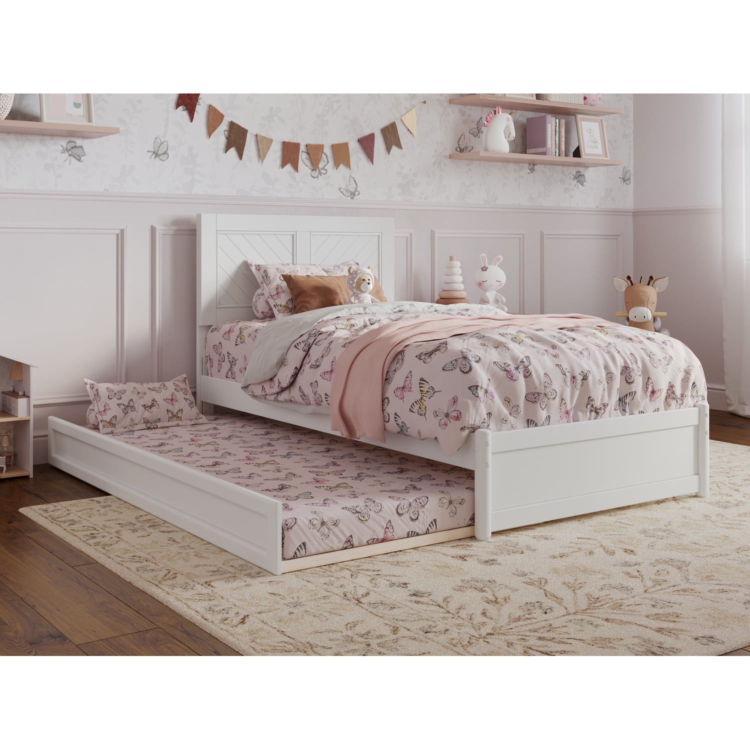 Clayton Twin Wood Platform Bed with Panel Footboard and Twin Trundle in ...