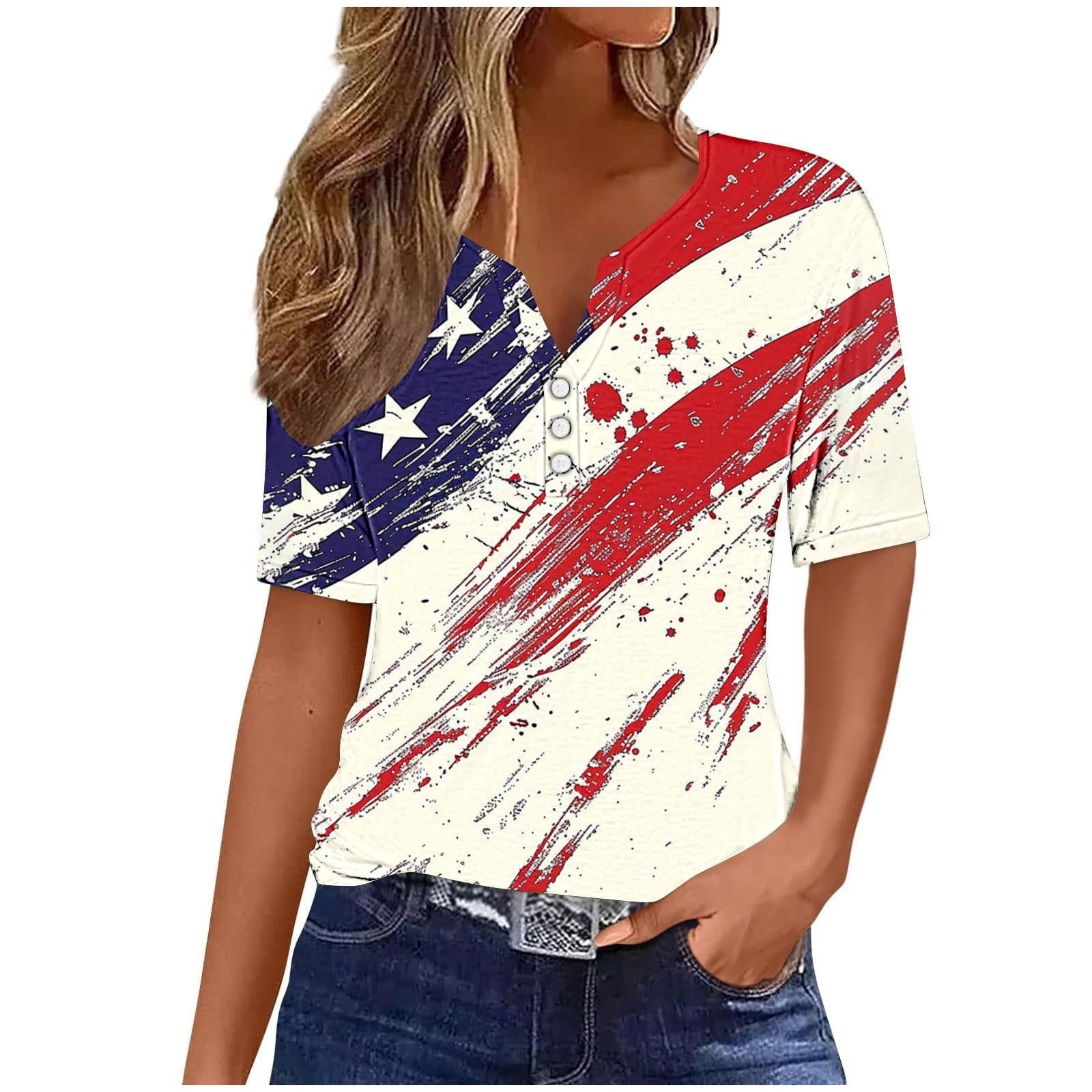Clean 4Th Of July Shirts Women Henley Neck Button Down Shirt Short ...