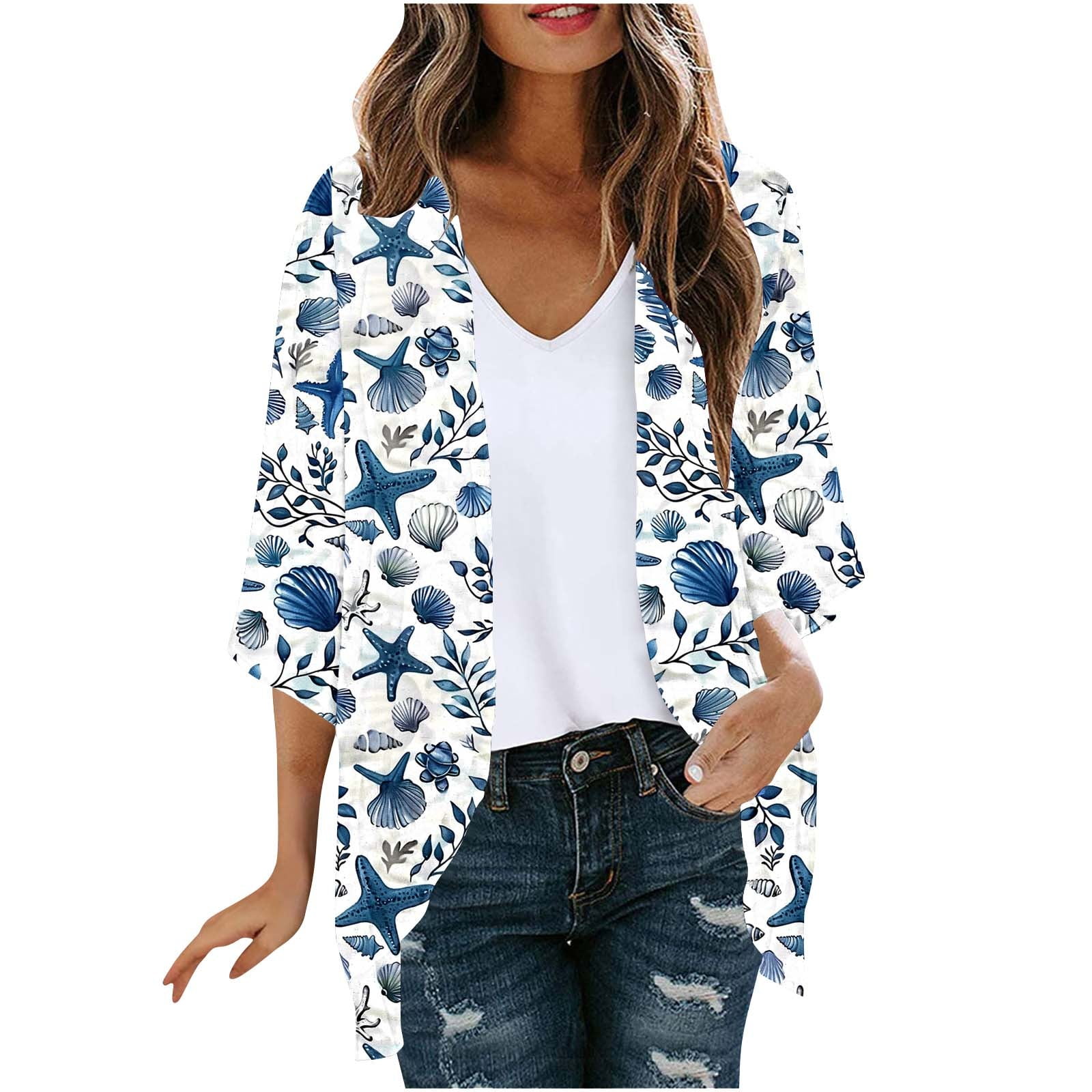 Clean Beach Cardigan Sweaters For Women Floral Printed Tunics Tops Puff ...