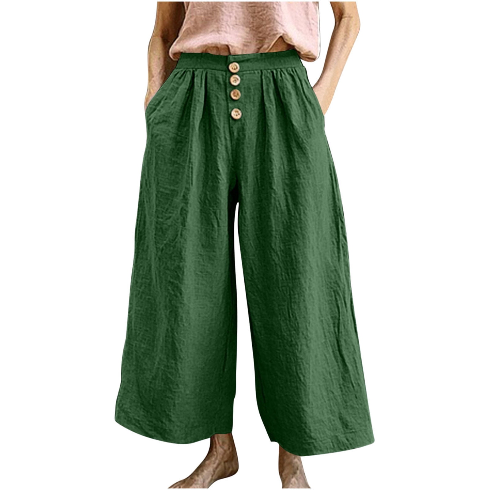 Clean Linen Pants for Women Front Button Palazzo Pants High Waisted Pull On Stretch Sweatpants ...