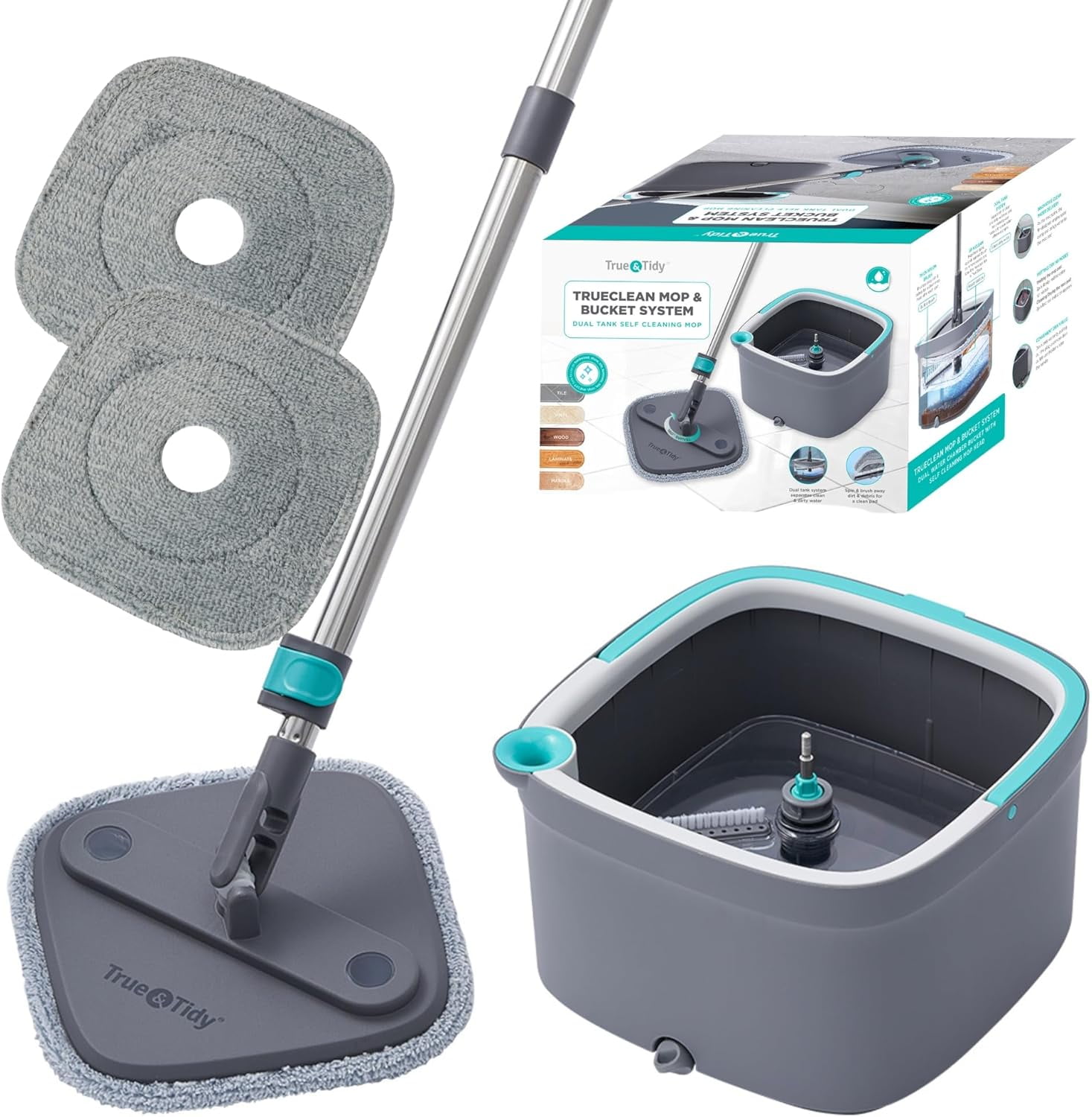 Clean Mop and Bucket System, Includes Square Spin, Dual Compartment Mop ...