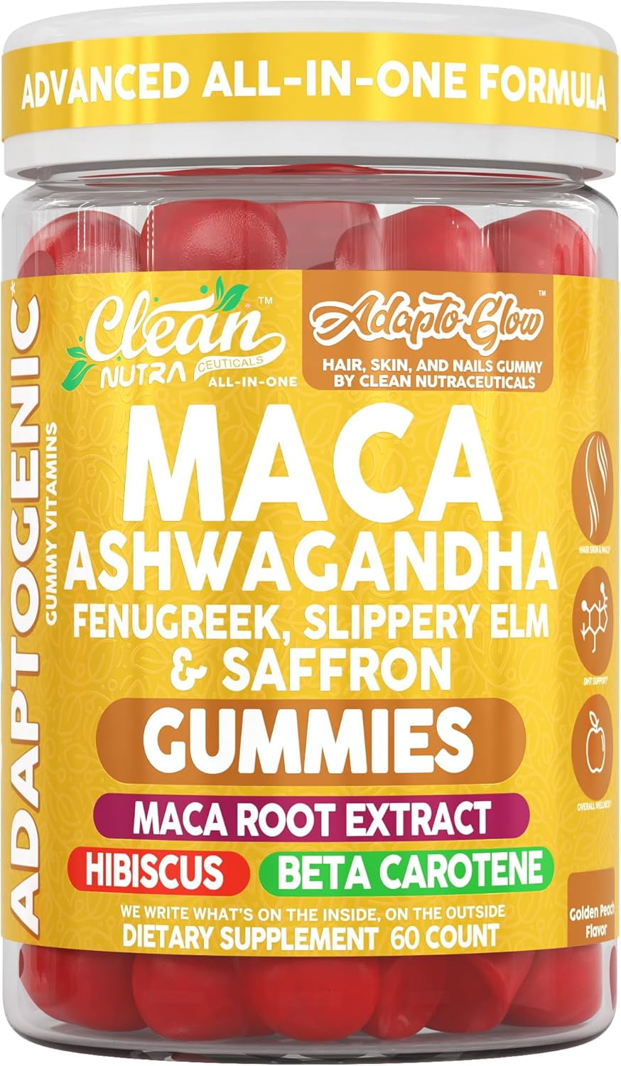 Clean Nutra Adaptogenic Gummies with Maca, Ashwagandha, Fenugreek, Slippery Elm & Saffron ...