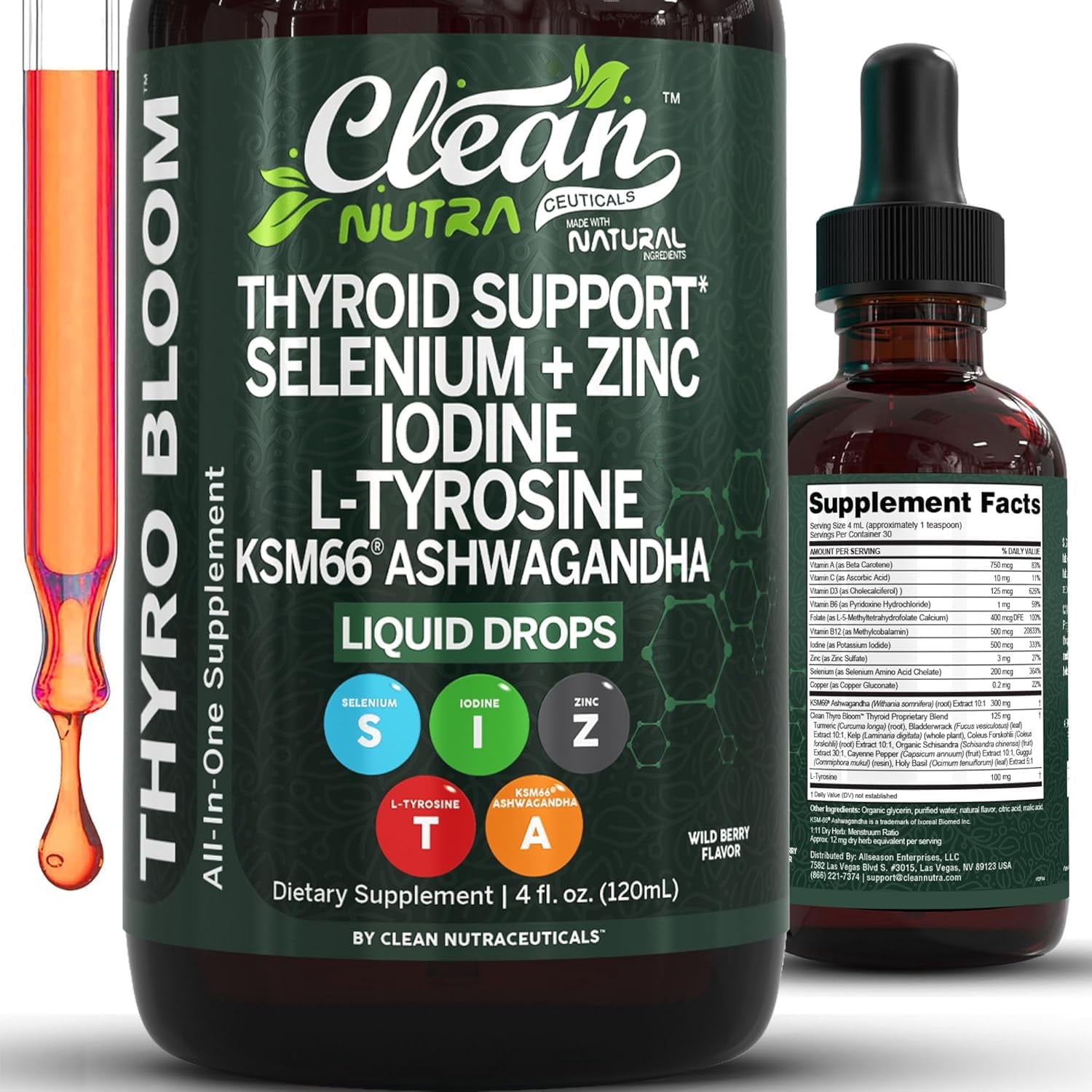 Clean Nutra Thyroid Support Drops Selenium Zinc Iodine L Tyrosine KSM66 ...