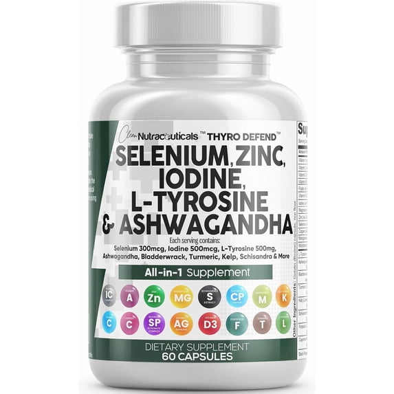 Clean Nutraceuticals Thyroid Vitamins, Selenium 300mcg, Iodine 500mcg ...