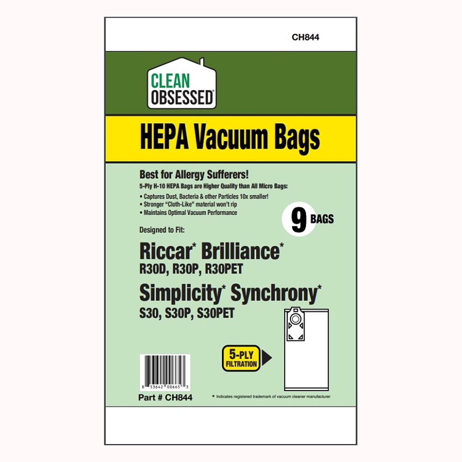 Clean Obsessed R30D, R30P, R30PET, S30, S30P, S30PET Vacuum Hepa Bags ...