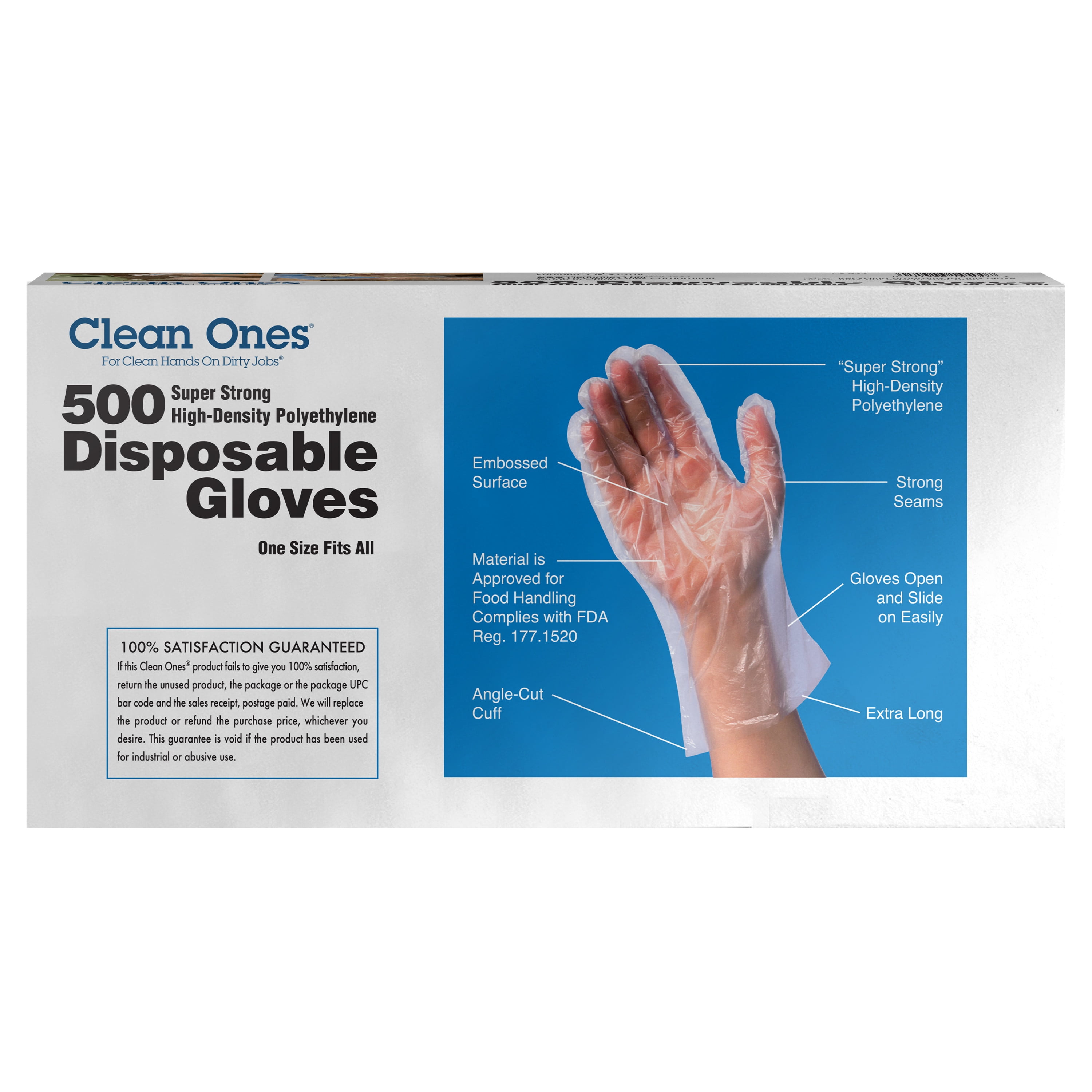 Clean Ones Disposable Poly Food Safe Gloves, One Size, 500 Count, HDPE - Walmart.com