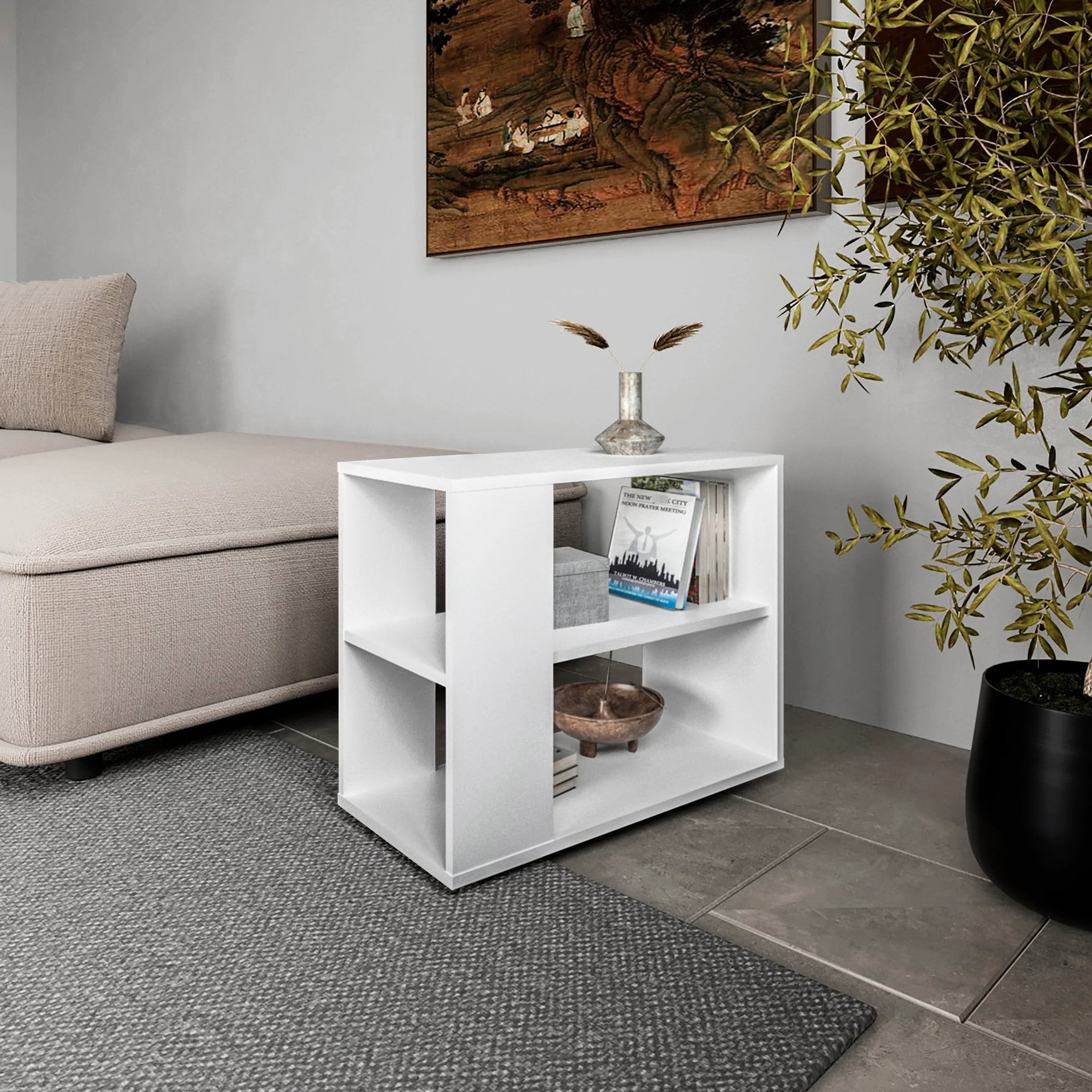 Clean touch to any space - White open storage side table with two ...