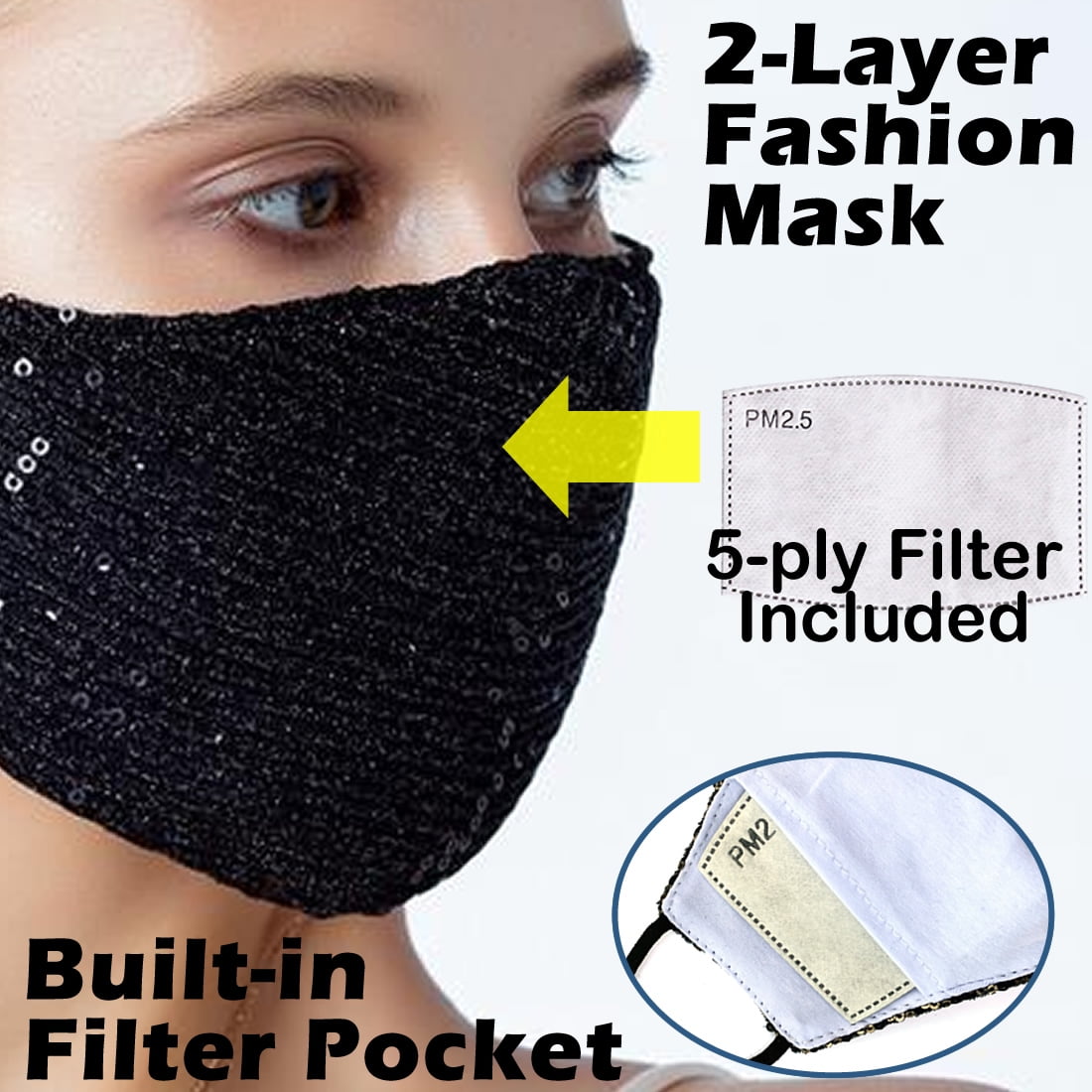 Cleanbreath Washable Sequin Cloth Mask with Filter Insert, Light Black ...