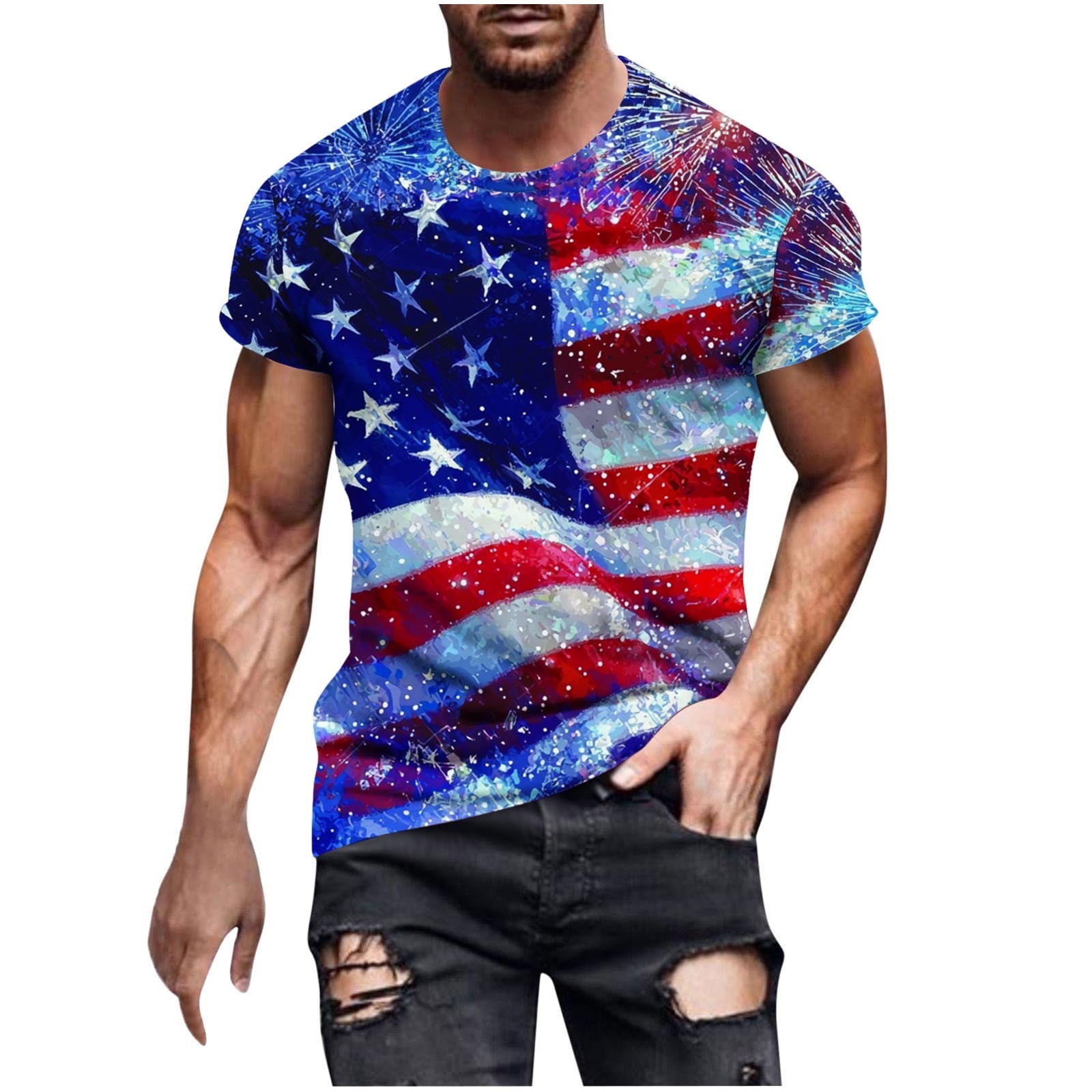 Cleaning American Flag Printed Tops For Men Scooped Neck Tee Short Sleeve T-Shirt 4Th Of July ...
