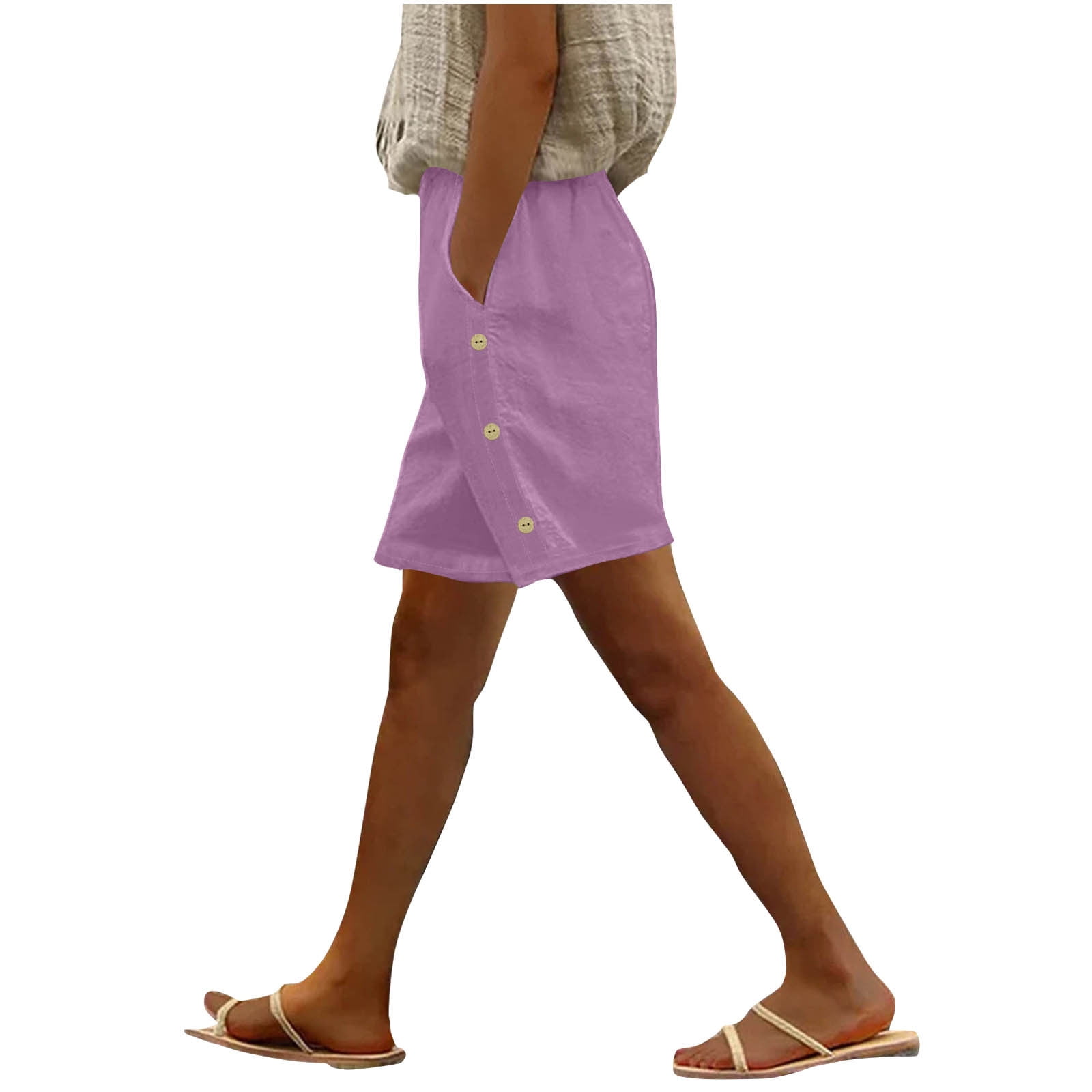 Cleaning Cotton Linen Shorts for Women Button Side Pants High Waisted ...
