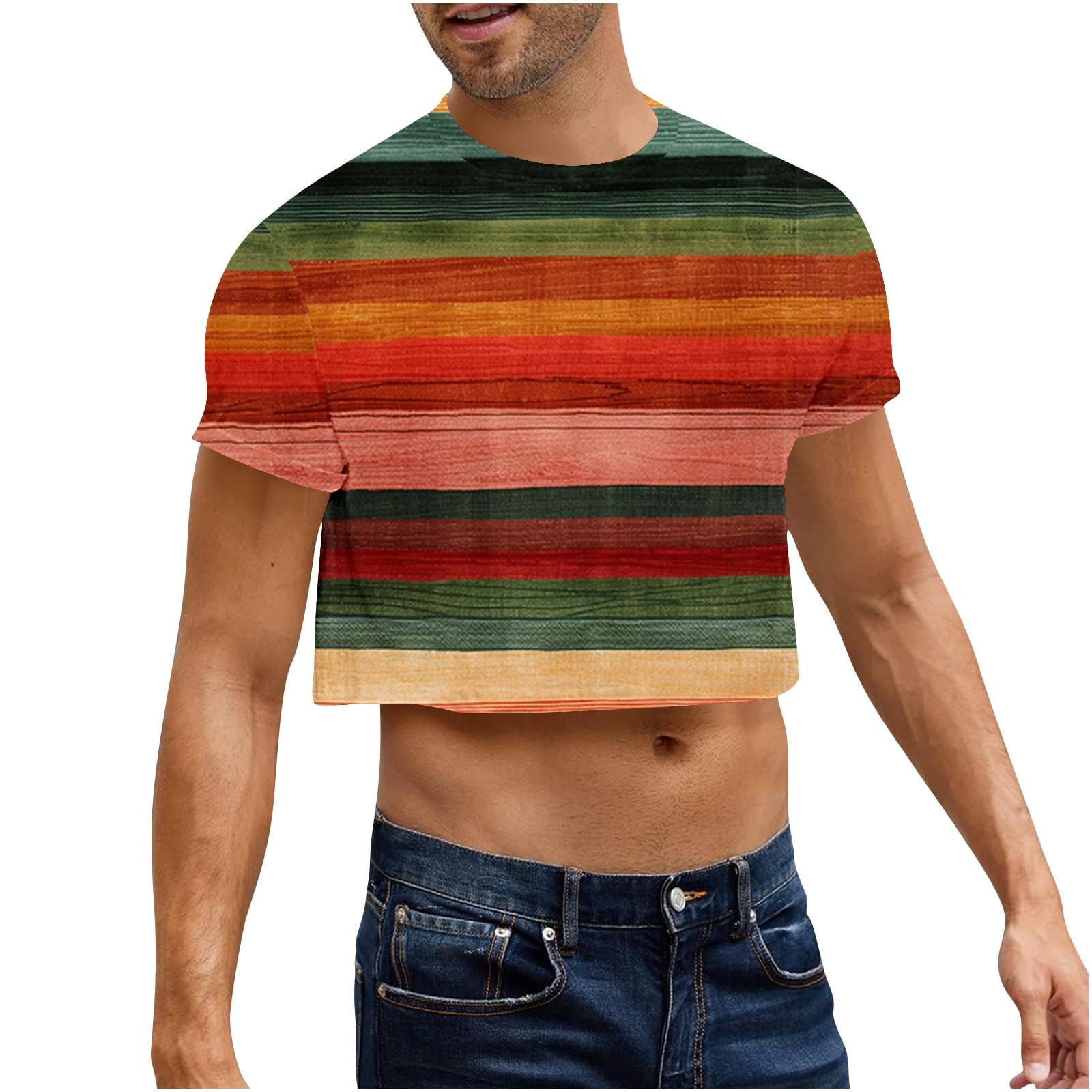 Cleaning Mens Cropped Tee Shirts Striped Trends T-Shirt Crew Neck Tees Short Sleeve Tops Ultra ...