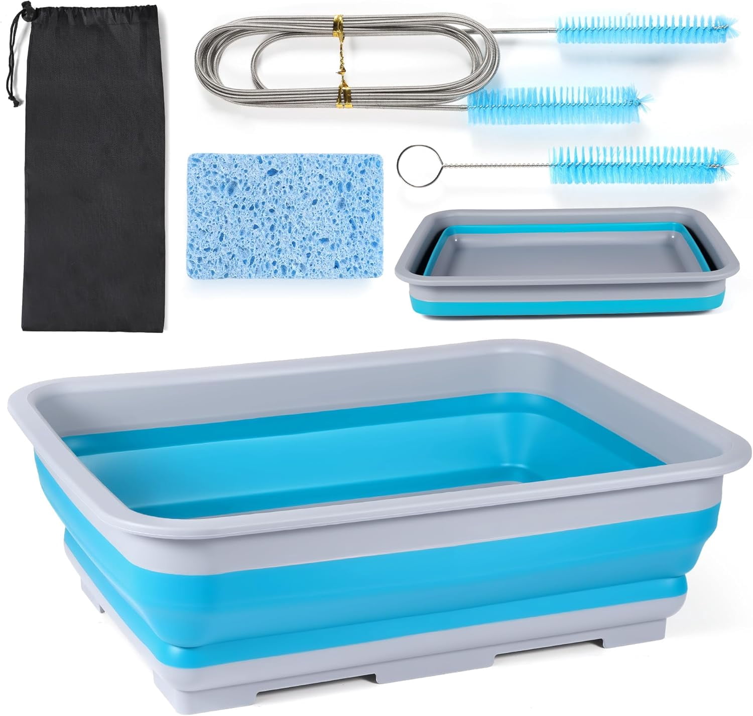 Cleaning kit includes hose and mask brush, with foldable washing basin ...