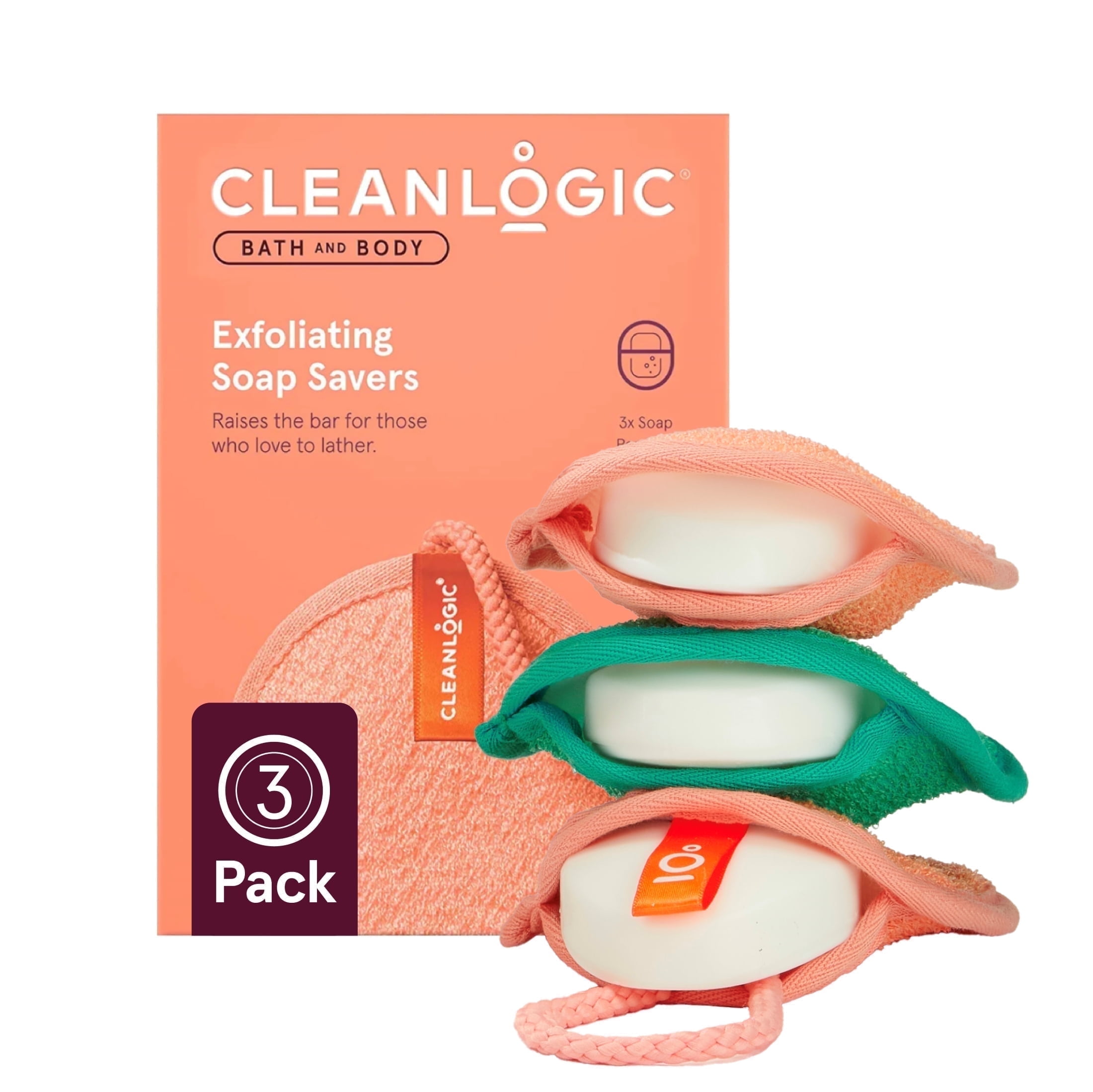 Cleanlogic Exfoliating Soap Saver, 3 Ct, Bar Soap Pouch, Body Scrubber ...