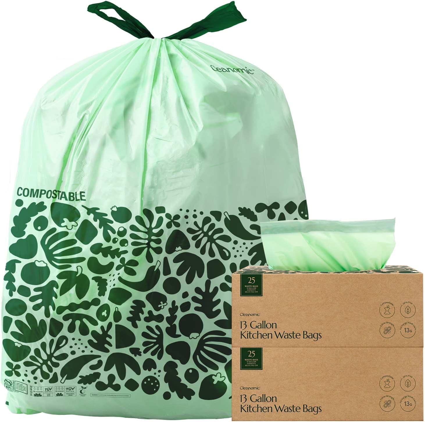 Cleanomic Compostable* 13 Gallon Trash Bags with Drawstring (2 Pack, 50 ...