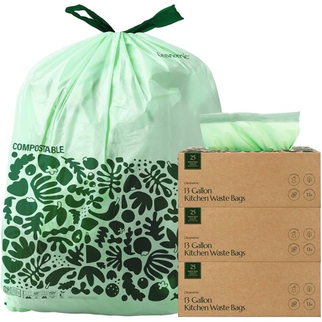 Cleanomic Compostable* 13 Gallon Trash Bags with Drawstring (3 Pack, 75 ...