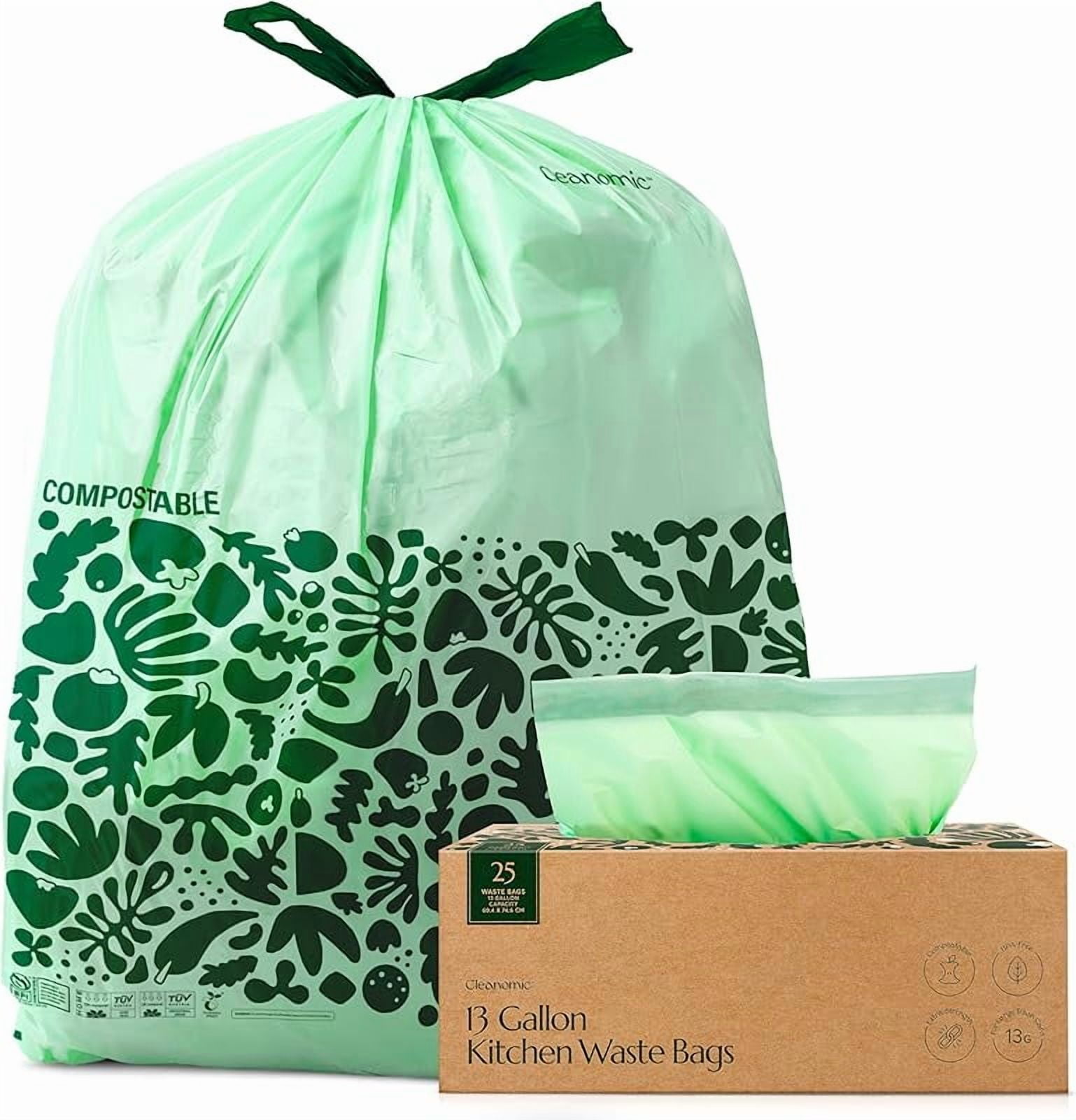 Cleanomic Compostable* 13 Gallon Trash Bags with Drawstring (3 Pack, 75 ...