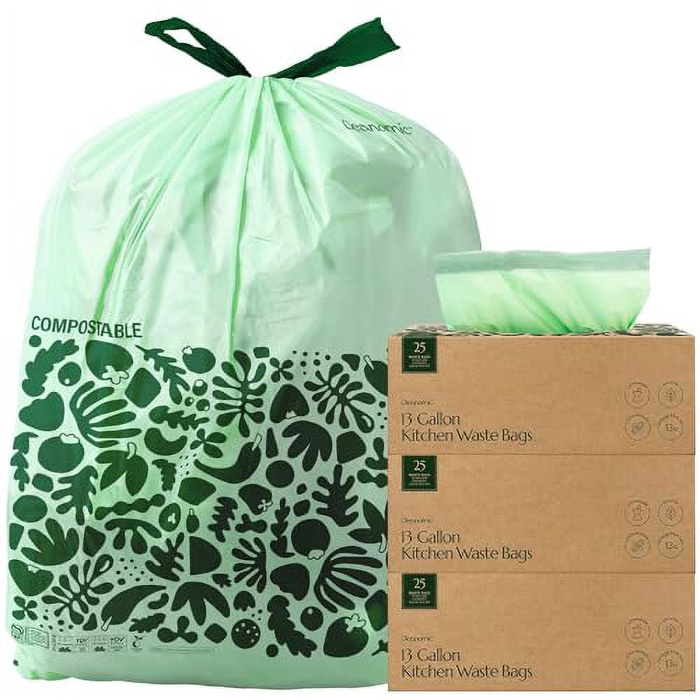 Cleanomic Compostable* 13 Gallon Trash Bags with Drawstring (3 Pack, 75 ...