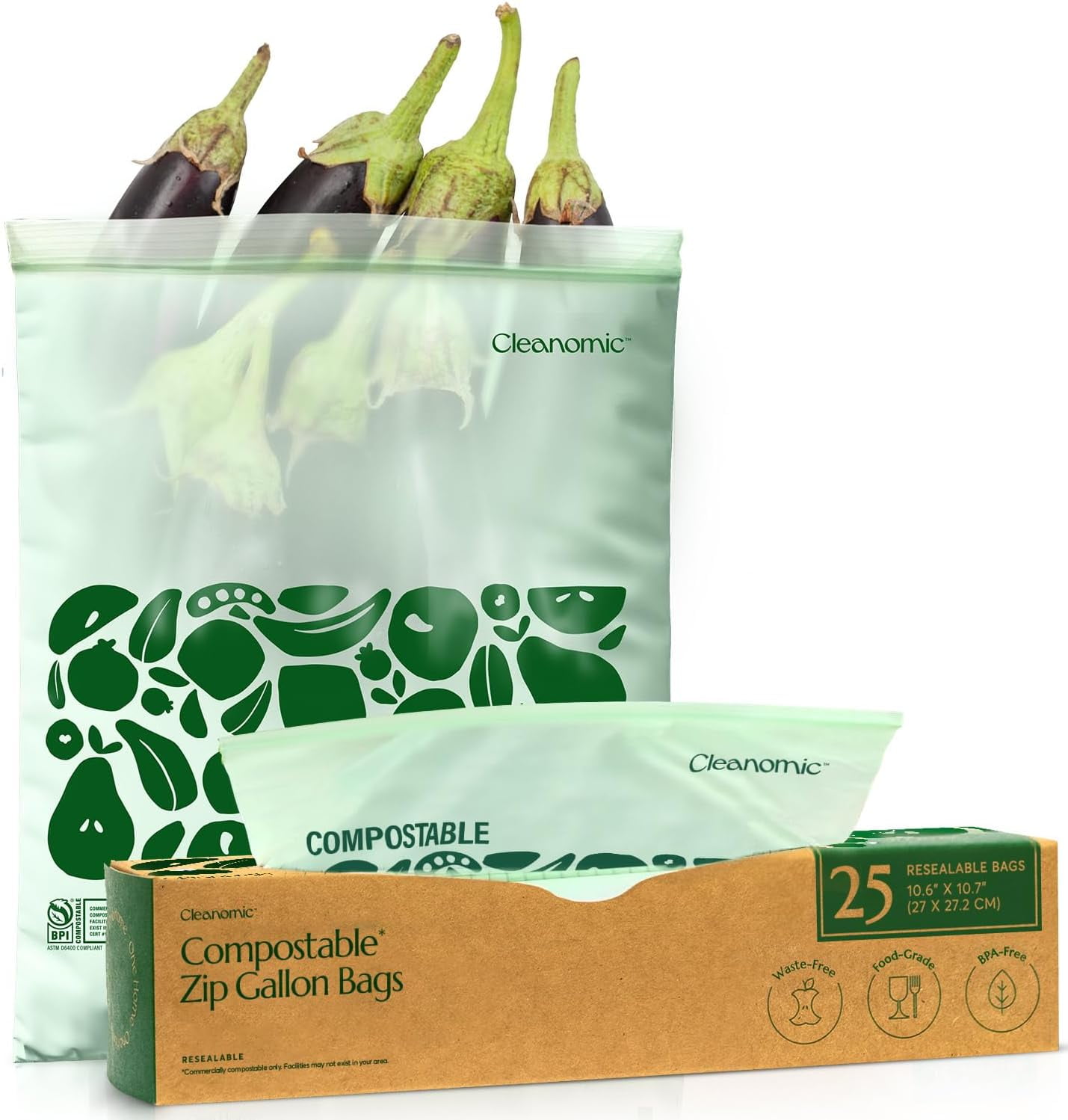 Cleanomic Compostable* Gallon Size Food Storage Bags (25 Eco Zip ...