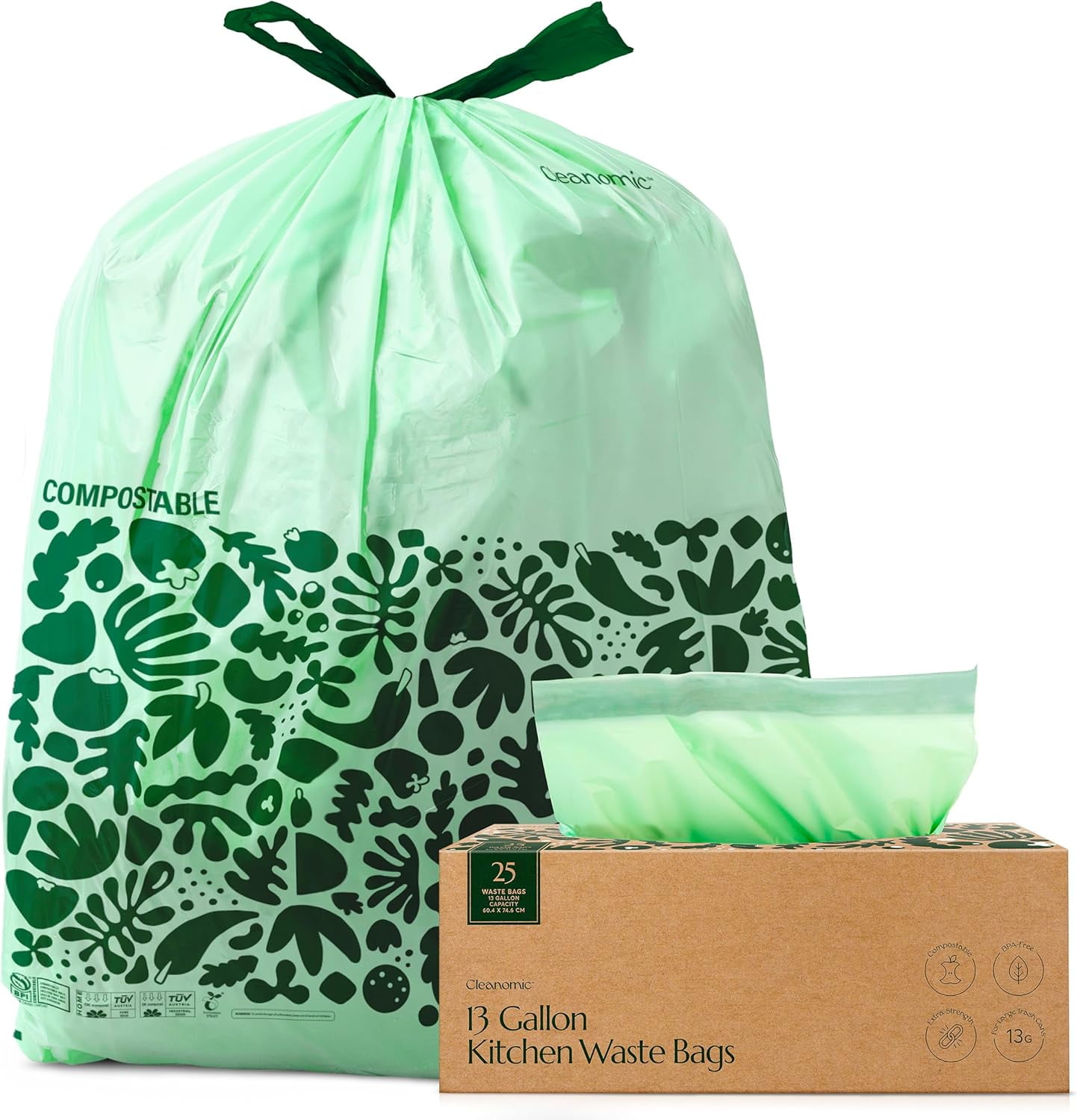 Cleanomic Compostable* Trash Bags with Drawstring (13 Gallon, 25 Units ...