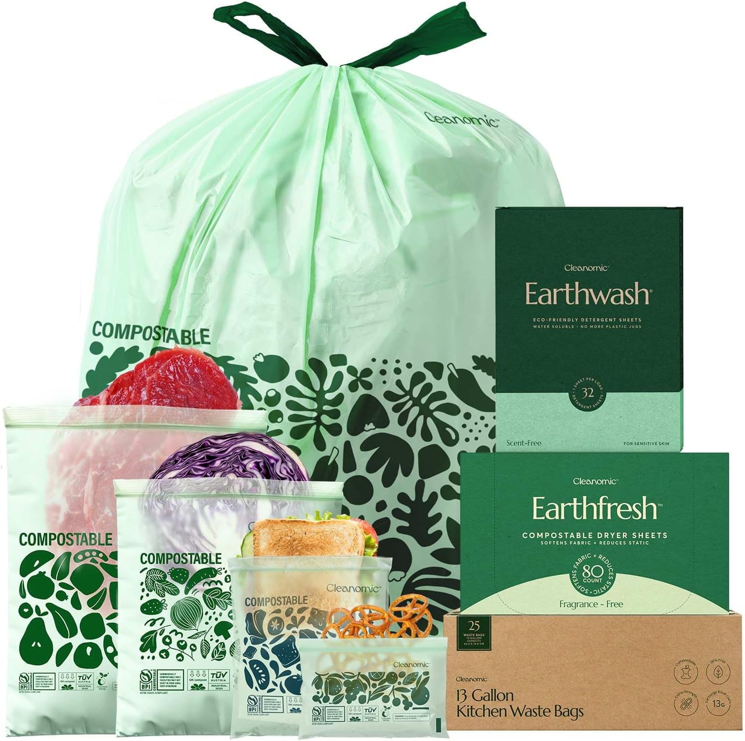 Cleanomic Food Storage Bags (4 Sizes), 13 Gallon Trash Bag, Earthwash ...