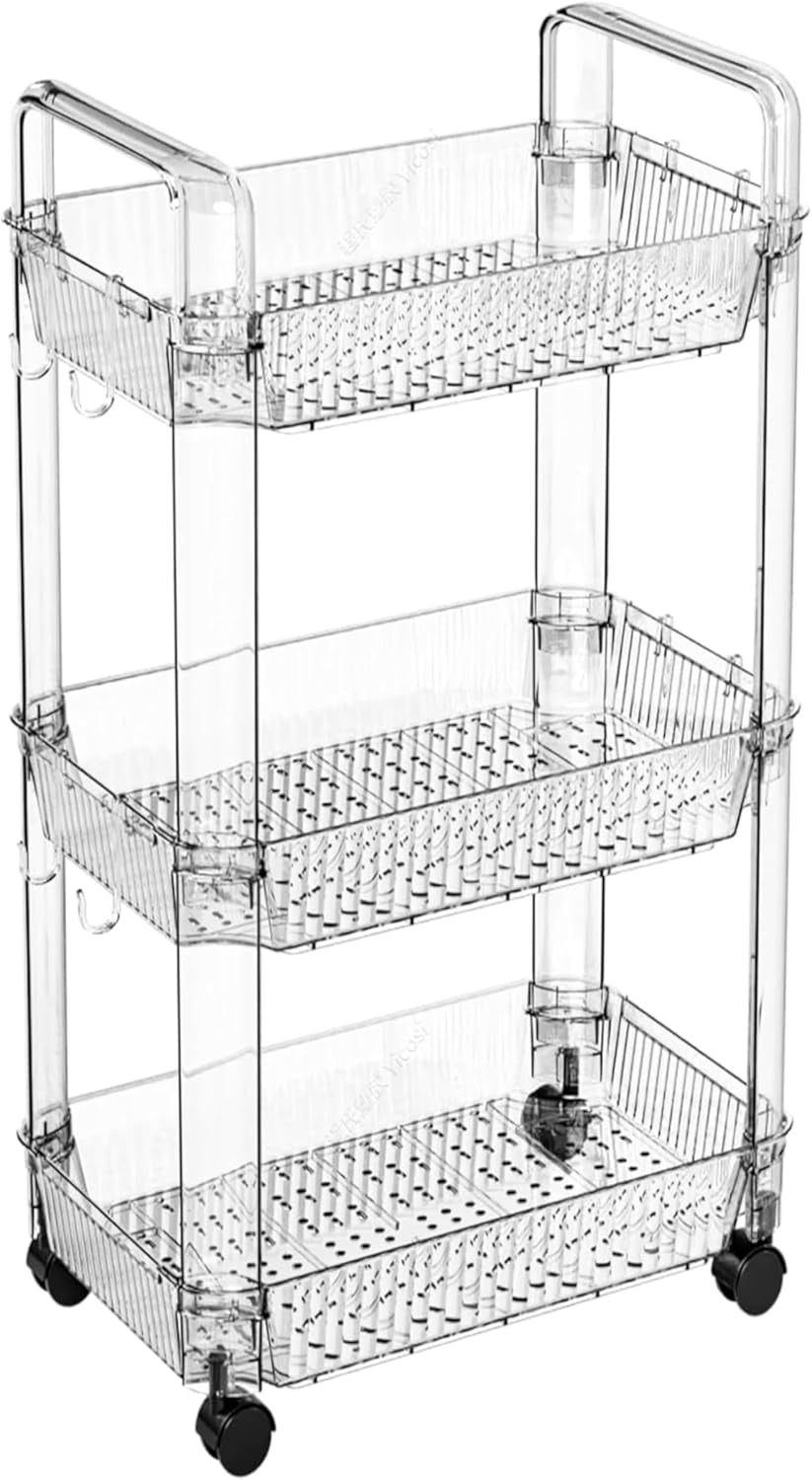 Clear 3 Tier Rolling Utility Cart with Wheels,Modern Bedside Cart for ...