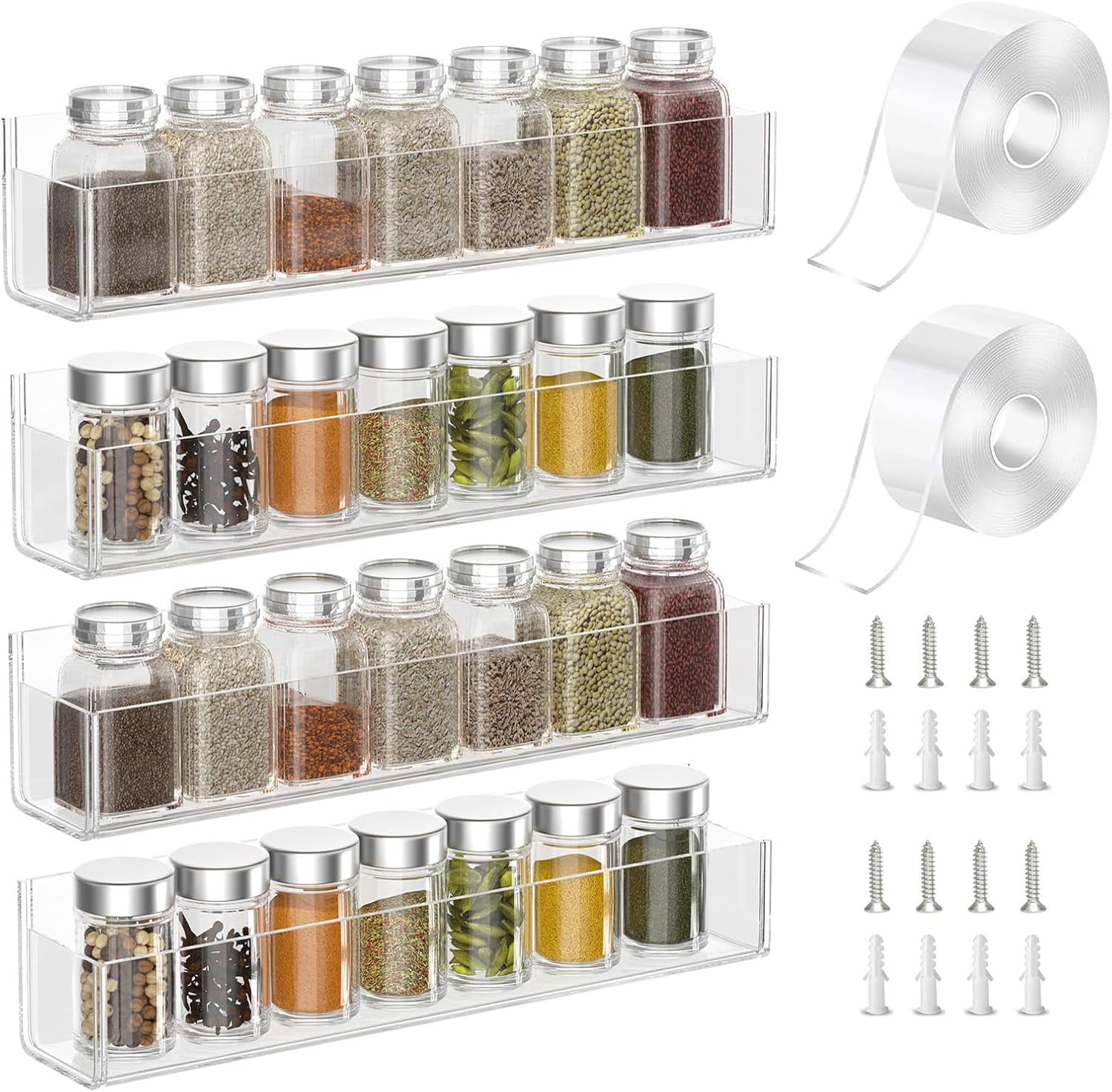 Clear-4 Pack Adhesive Acrylic Spice Rack Organizer for Wall with 2 Nano ...