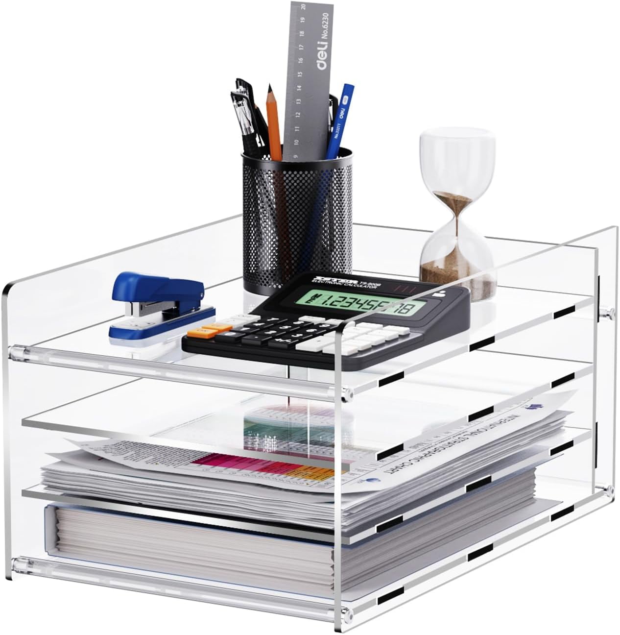 Clear 4 Tier Acrylic Desk Paper Organizer, Paper File Tray Storage for ...