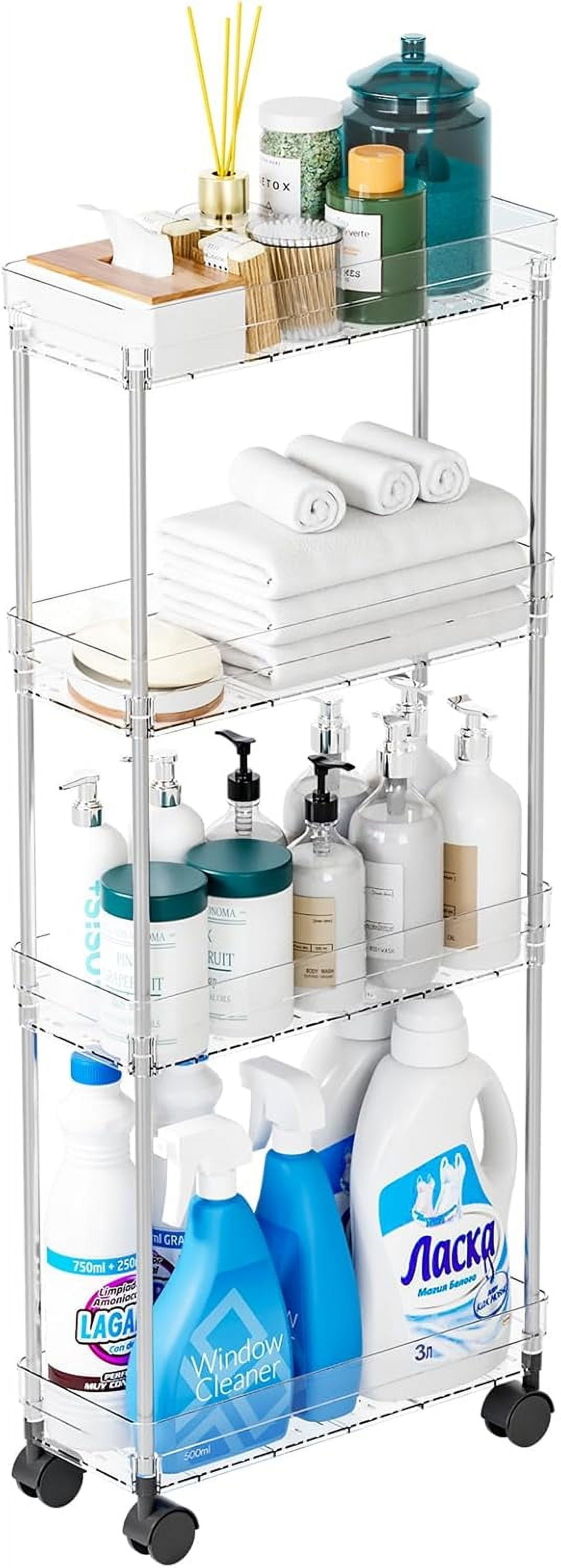 Clear 4 Tier Slim Rolling Storage Cart with Wheels,6.3″W Thin Shelf ...