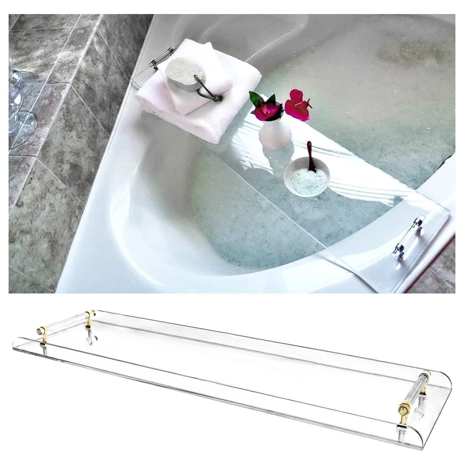 Clear Acrylic Bathtub Caddy Tray with Handles for Luxury Bathroom ...