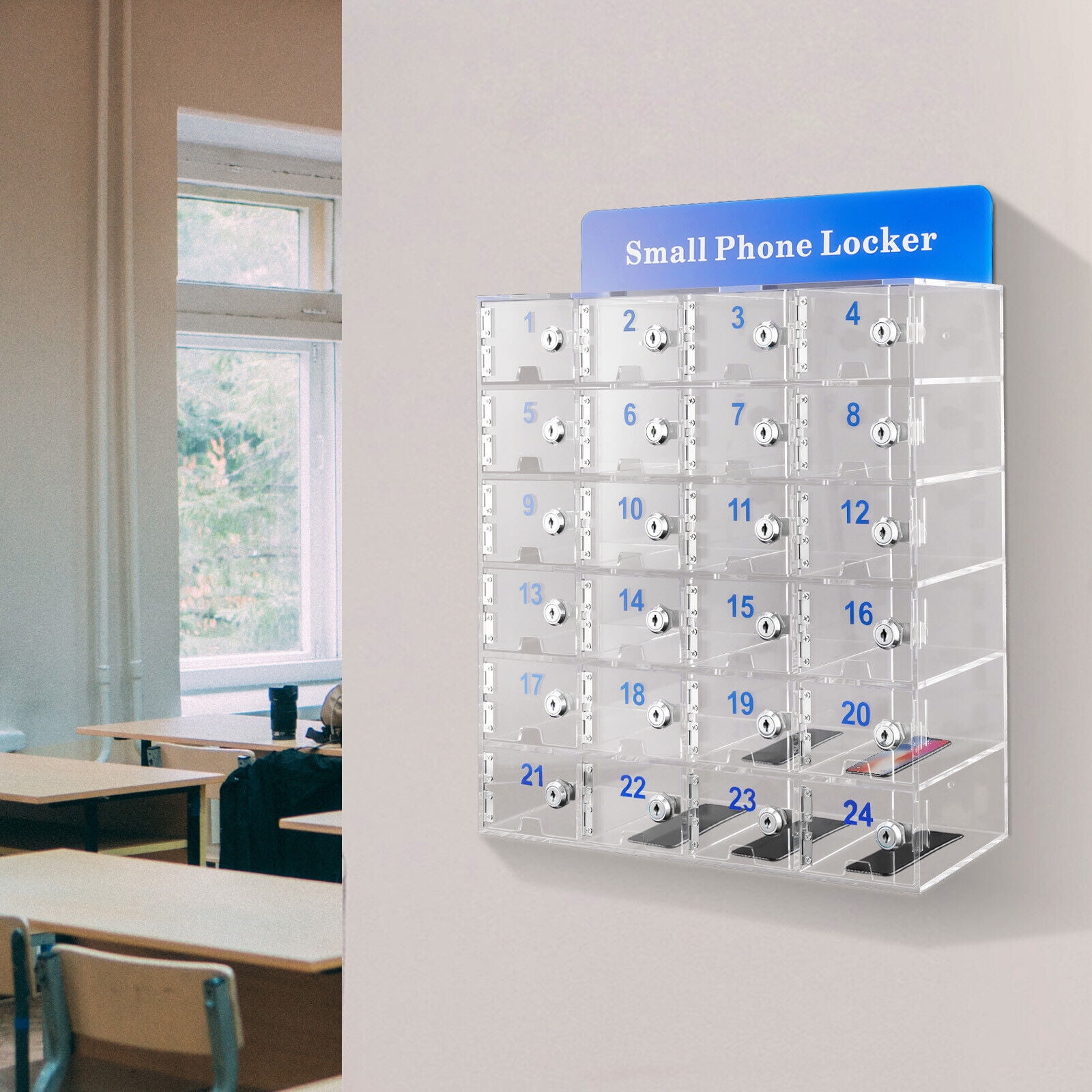 Clear Acrylic Cell Phone Locker Box Storage Cabinet Pocket w/ Door Lock ...