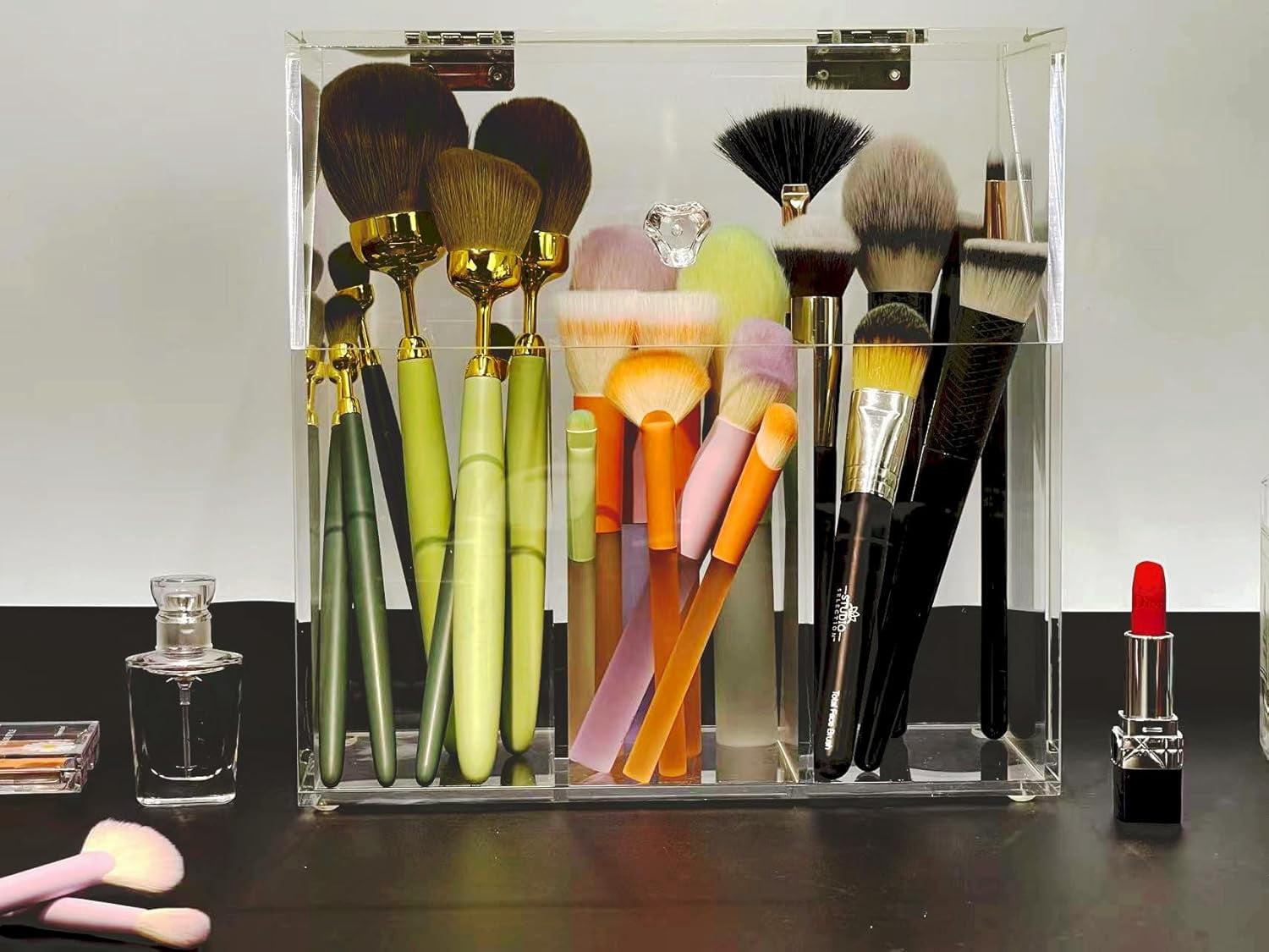 Clear Acrylic Makeup Organizer with Dust Cover, 3 Brush Holders, Large ...