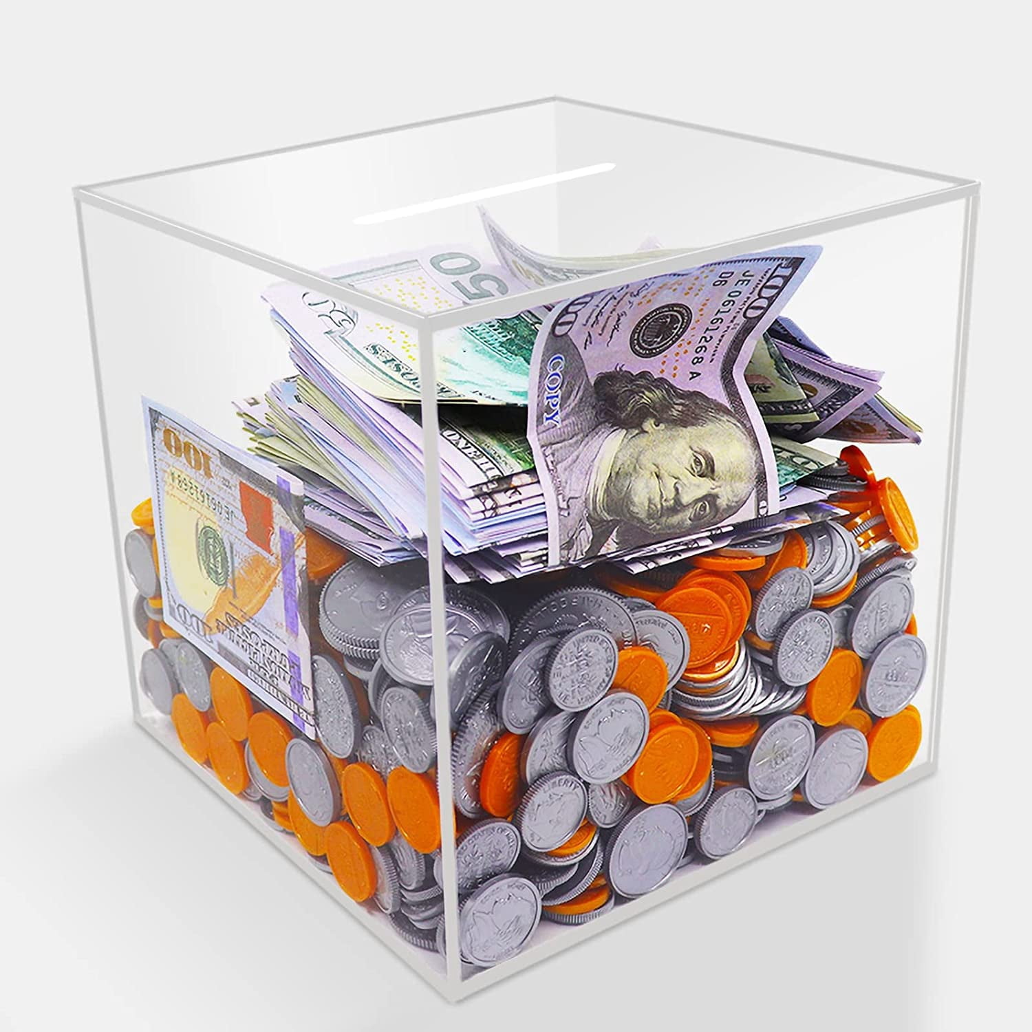 Clear Acrylic Piggy Bank - XL Money Tip Jar Box for Adults, Unopenable ...