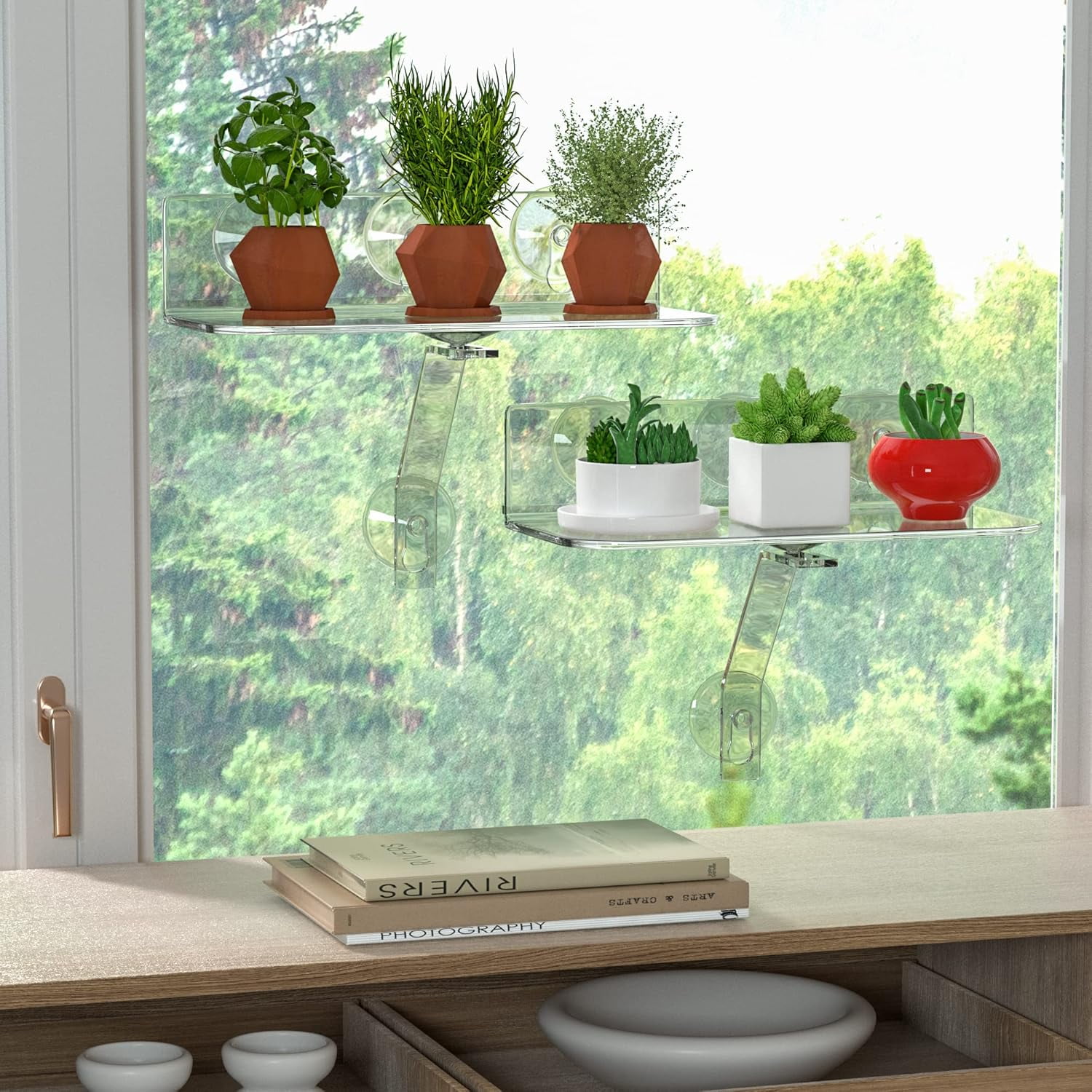 Clear Acrylic Windows Plant Shelves, 12 Inch Window Plant Stand With ...